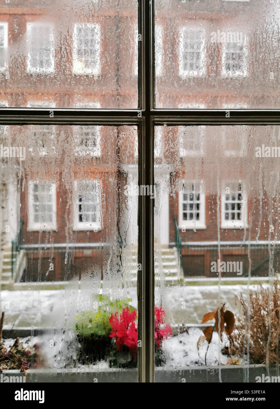 frosted window view of a red brick building Stock Photo - Alamy