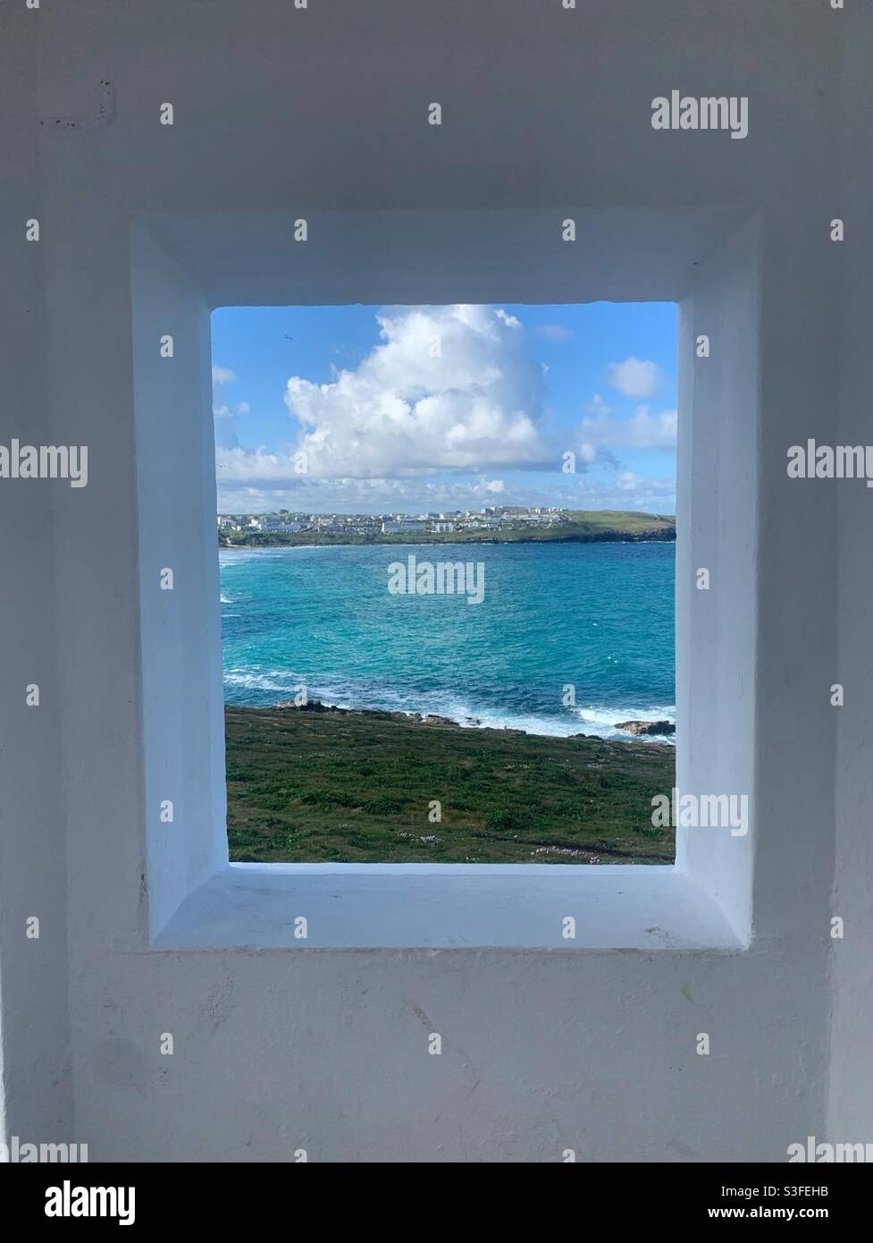 Ocean sea view through a window at Cornwall newly Stock Photo - Alamy