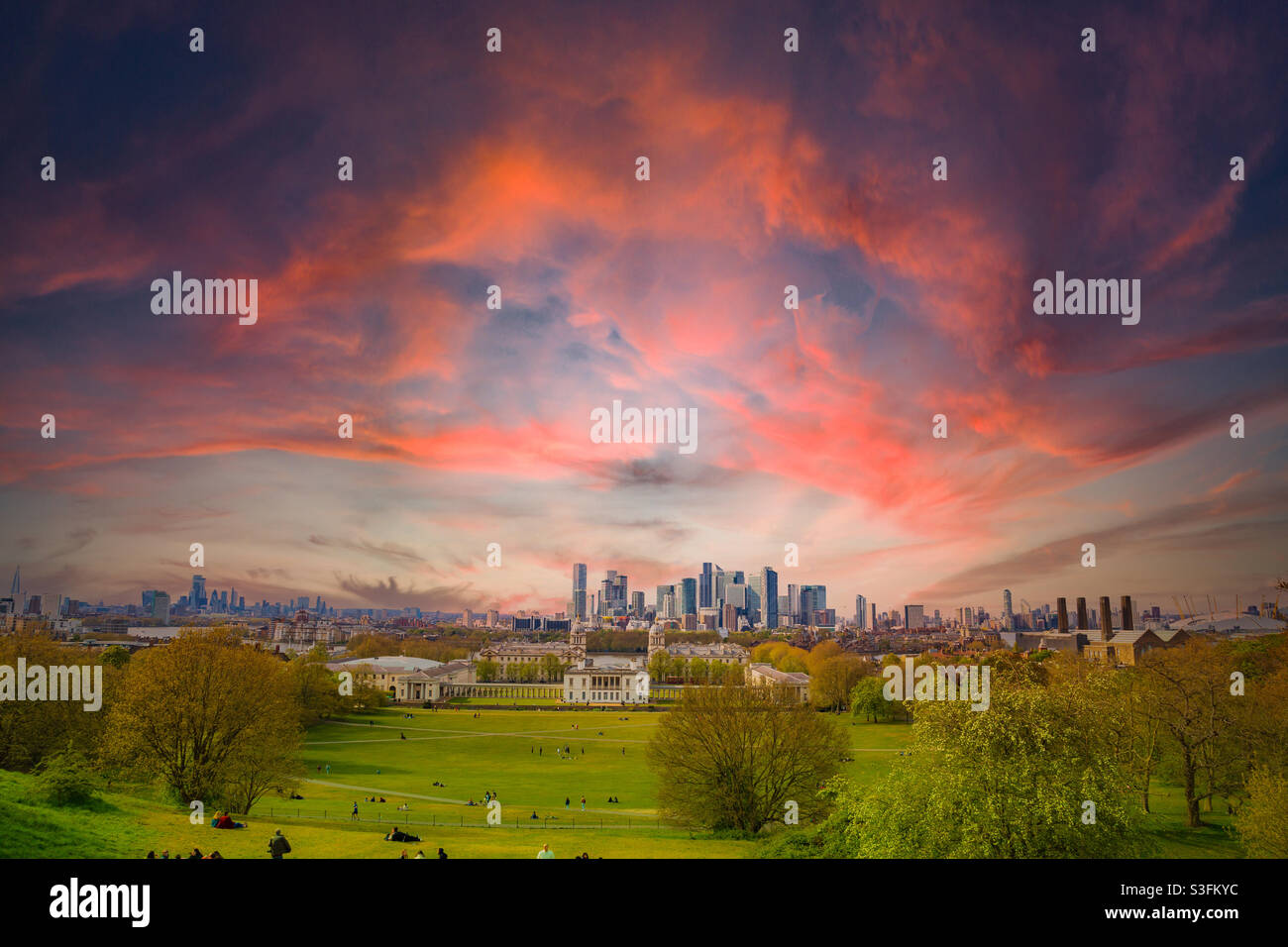 London skyline from greenwich park, O2, Canary Wharf and Shard all in ...