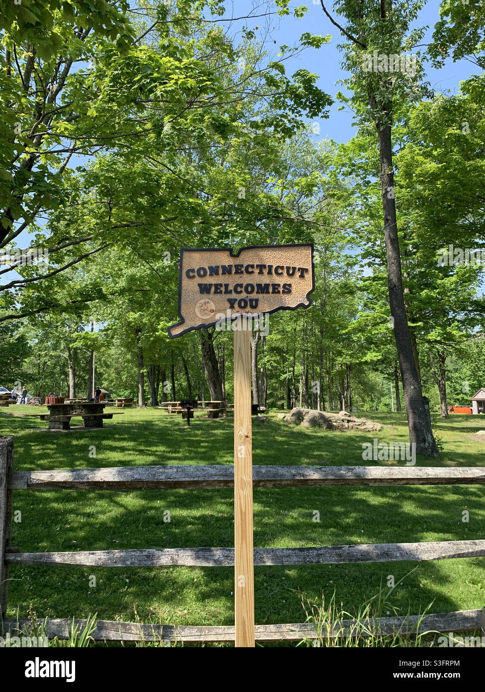 State marker entering at state of Connecticut at roadside welcome ...