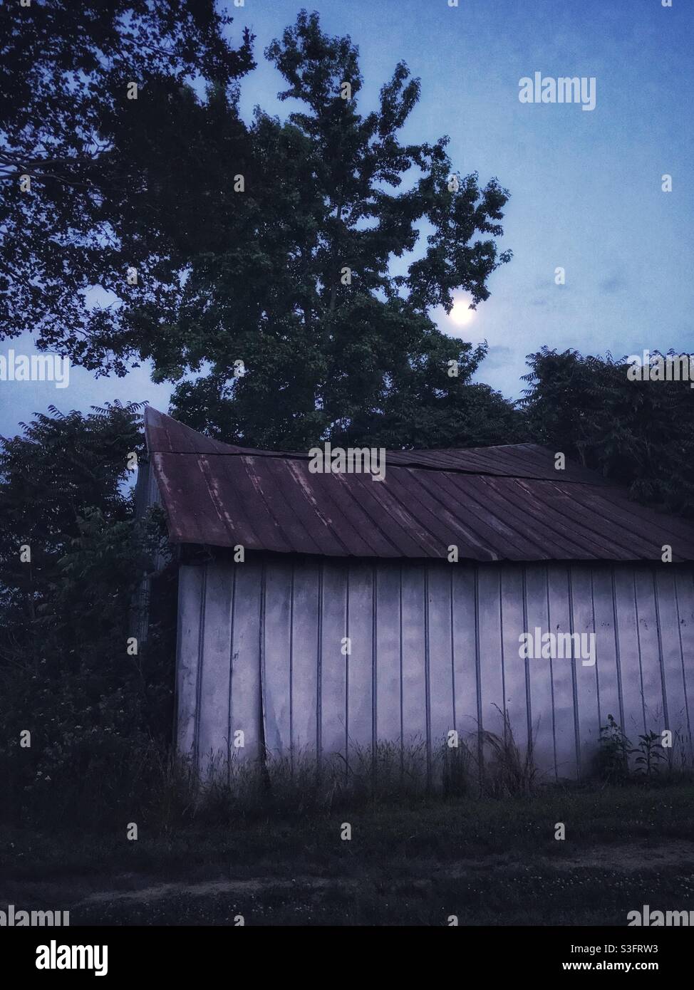 Southern Spring full moon over metal shed Stock Photo - Alamy