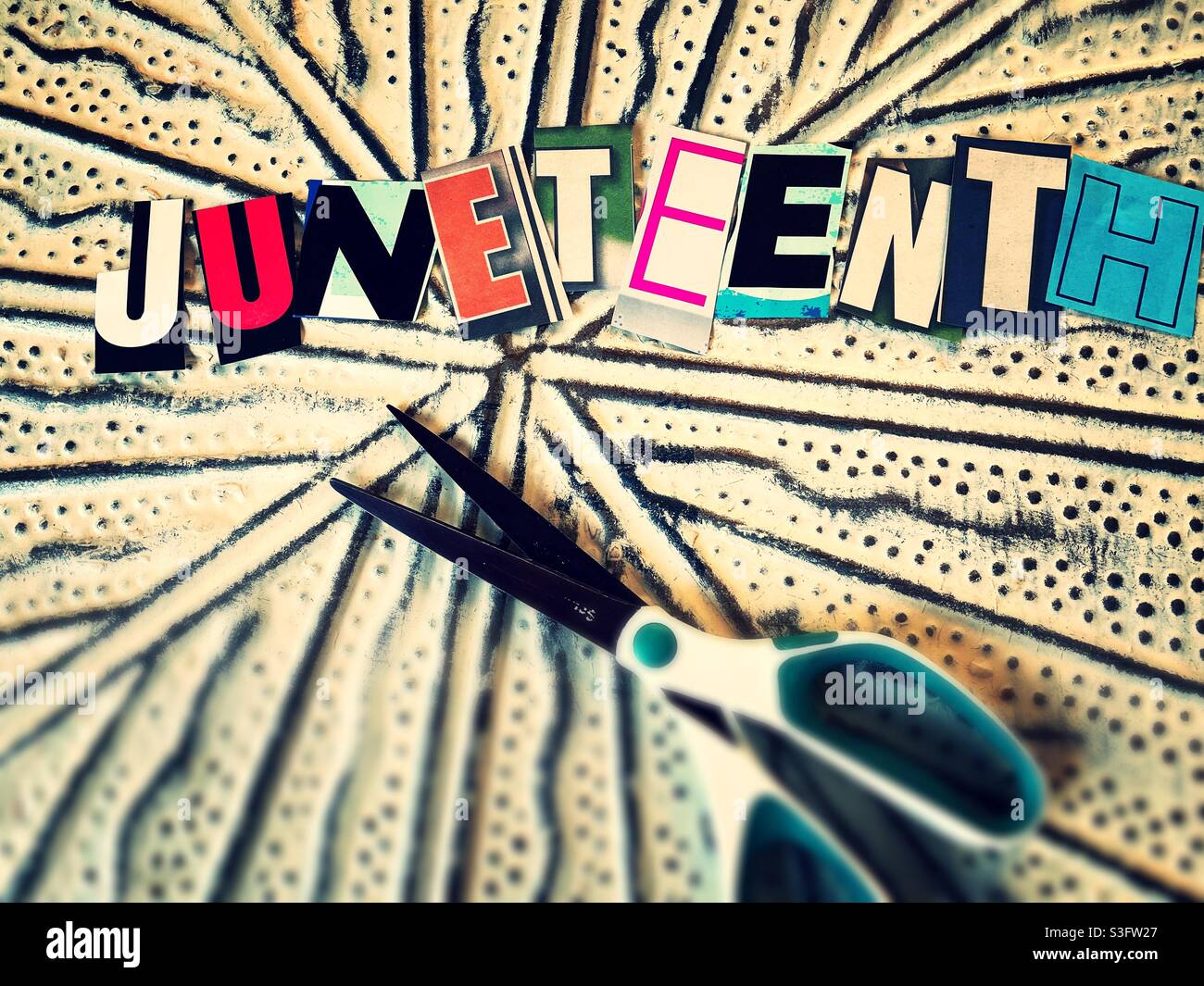 Juneteenth in ransom note letters with a pair of scissors, 2021, USA ...