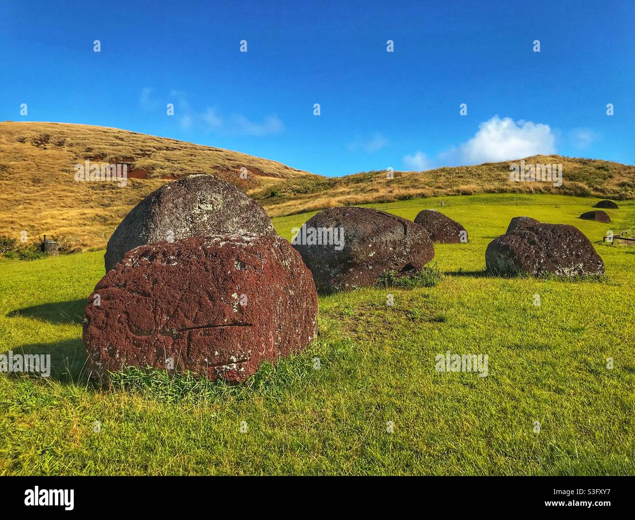 Fallen Moai statues and pukao (hat) on Easter Island, Chile Stock Photo ...