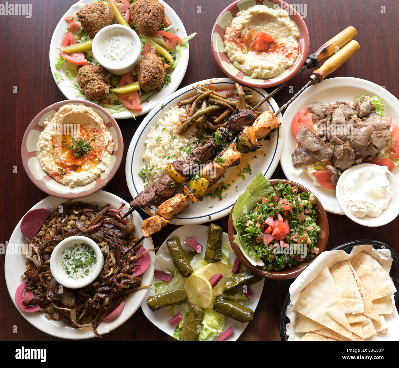 Food, Middle Eastern cuisine plated, TopView table top or Bunton’s ...