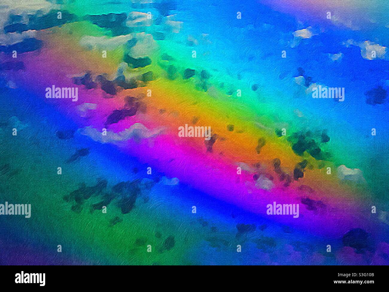 Painted sky, aerial, rainbow colours. Clouds floating, around 10000 ...