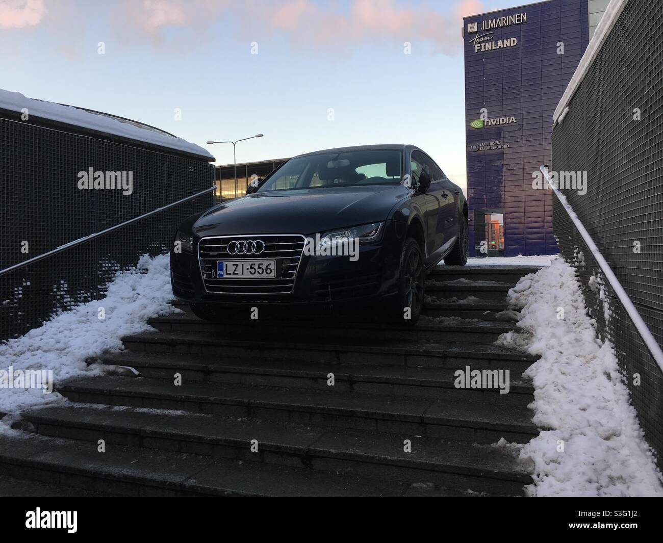 Car stuck on stairs in Ruoholahti, Helsinki, Finland Stock Photo - Alamy