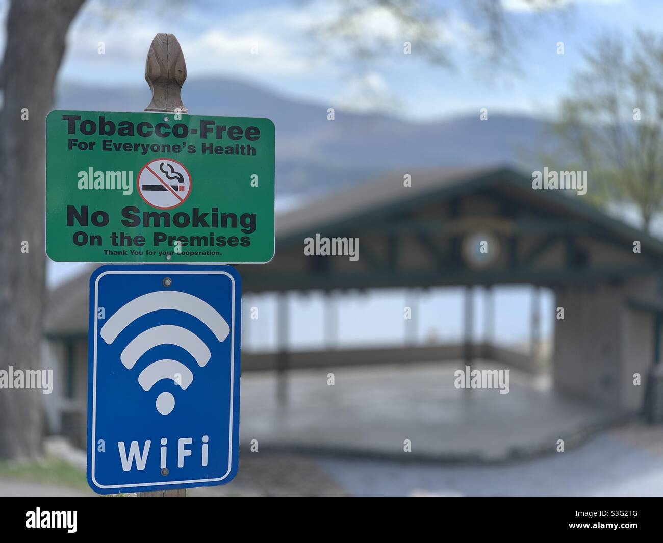 April, 2021, signs near Shepard Park Amphitheater, Lake George Village ...
