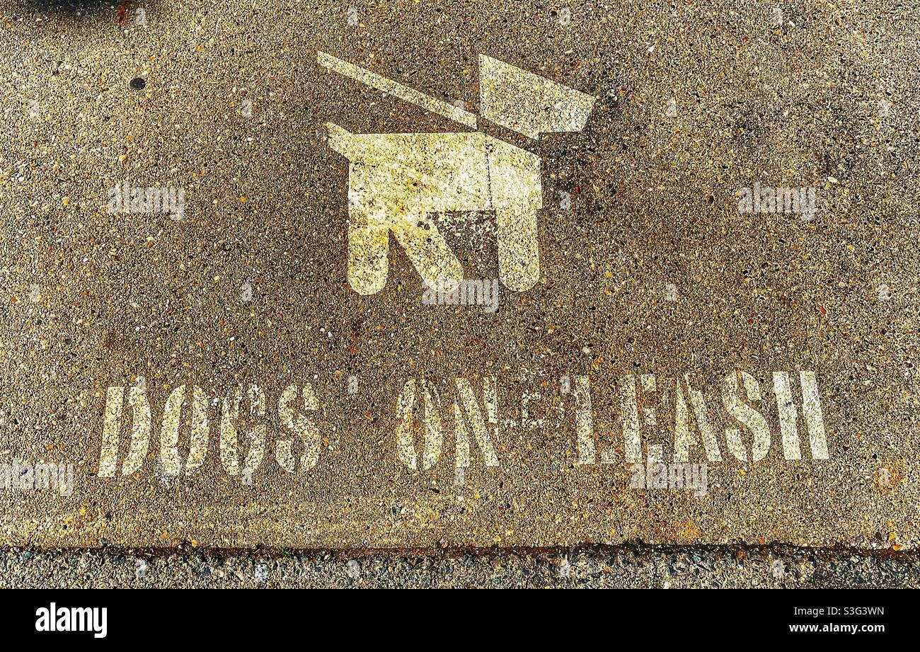 Dogs on Leash signage stenciled on a footpath Stock Photo - Alamy