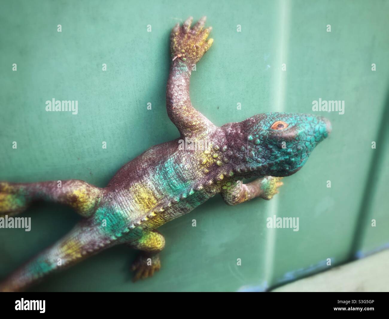 A plastic toy Lizard on a Green Wall Stock Photo - Alamy