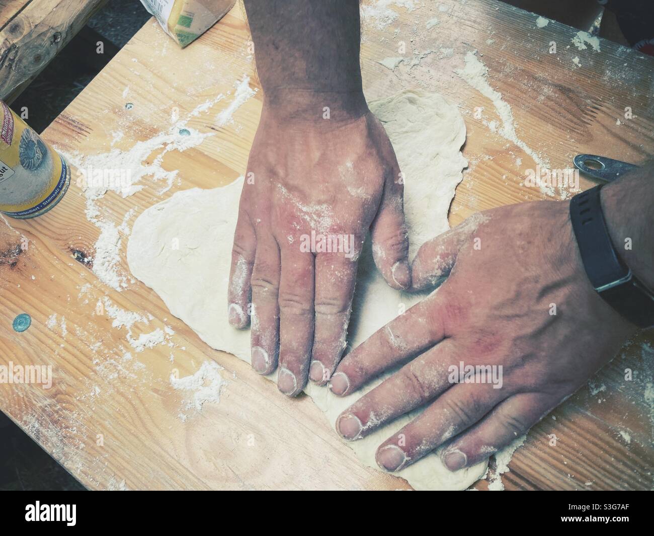 A Man‘s Hand Shaping a Pizza from Fresh dough Stock Photo - Alamy