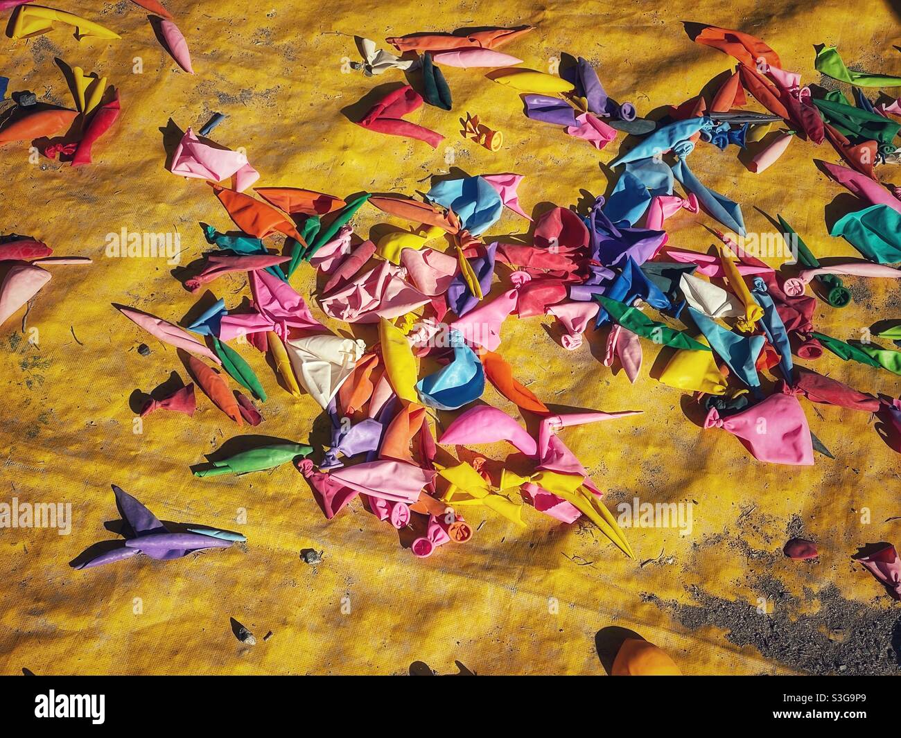 Burst balloons on a yellow tarp on the ground Stock Photo - Alamy