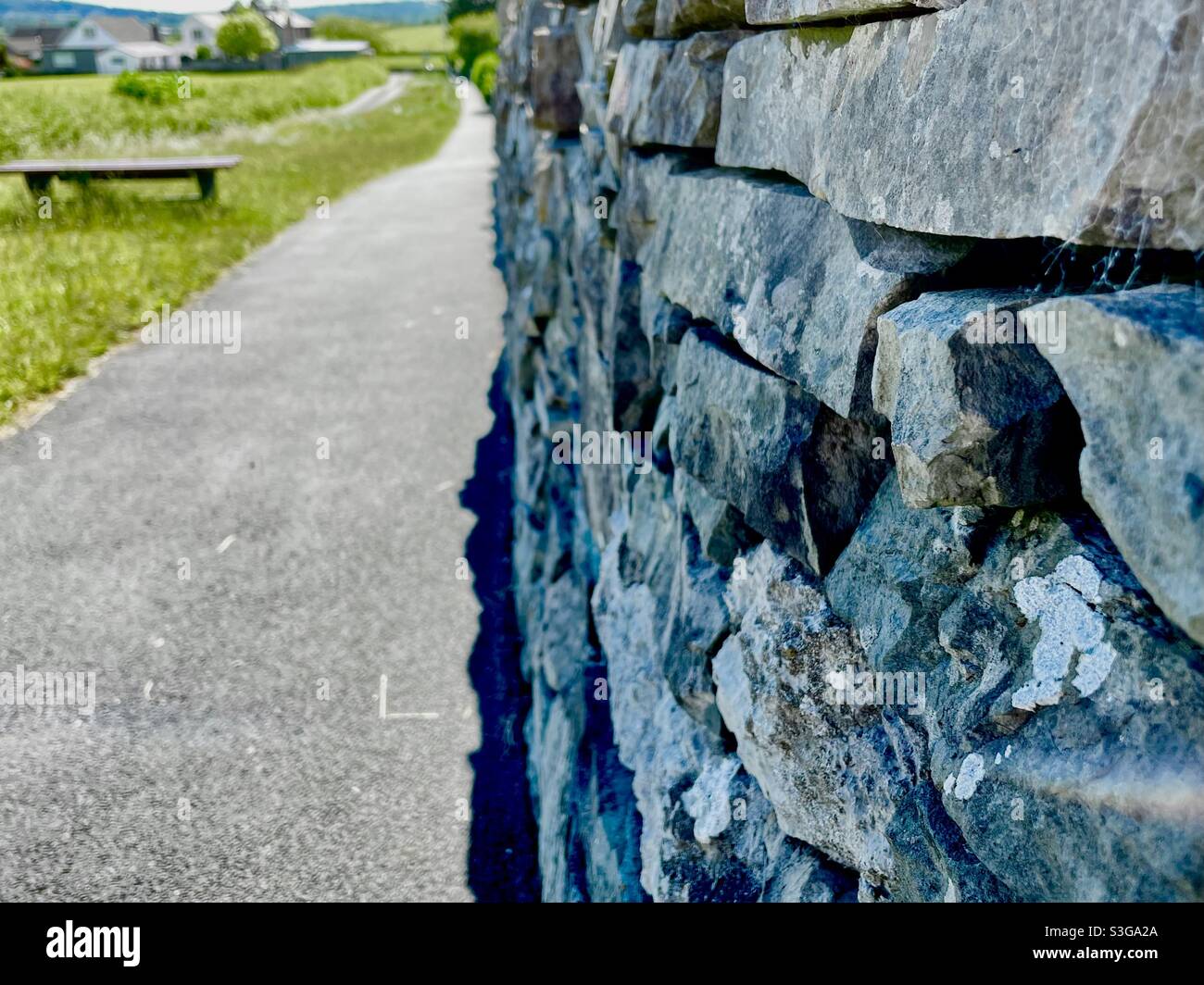 Path leading into the distance next to a dry stone wall Stock Photo - Alamy