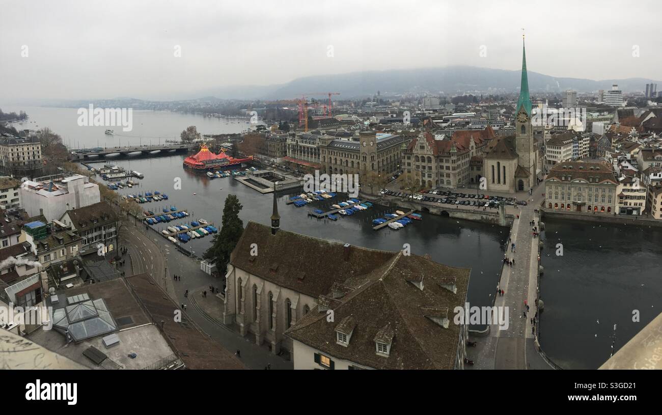 Aerial view of Limmat river flowing into lake Zurich, Switzerland Stock ...