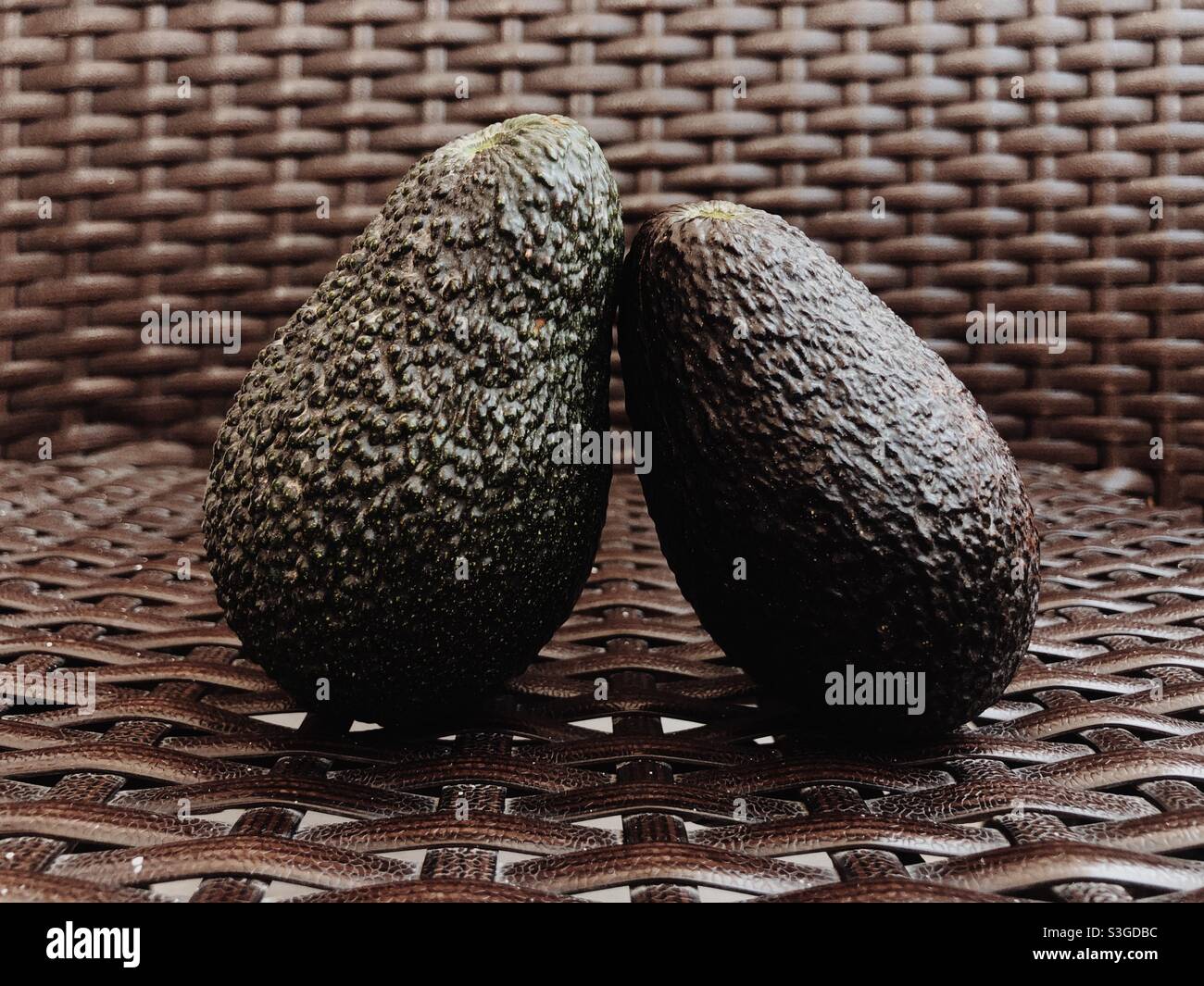 Two avocados leaning against each other Stock Photo - Alamy