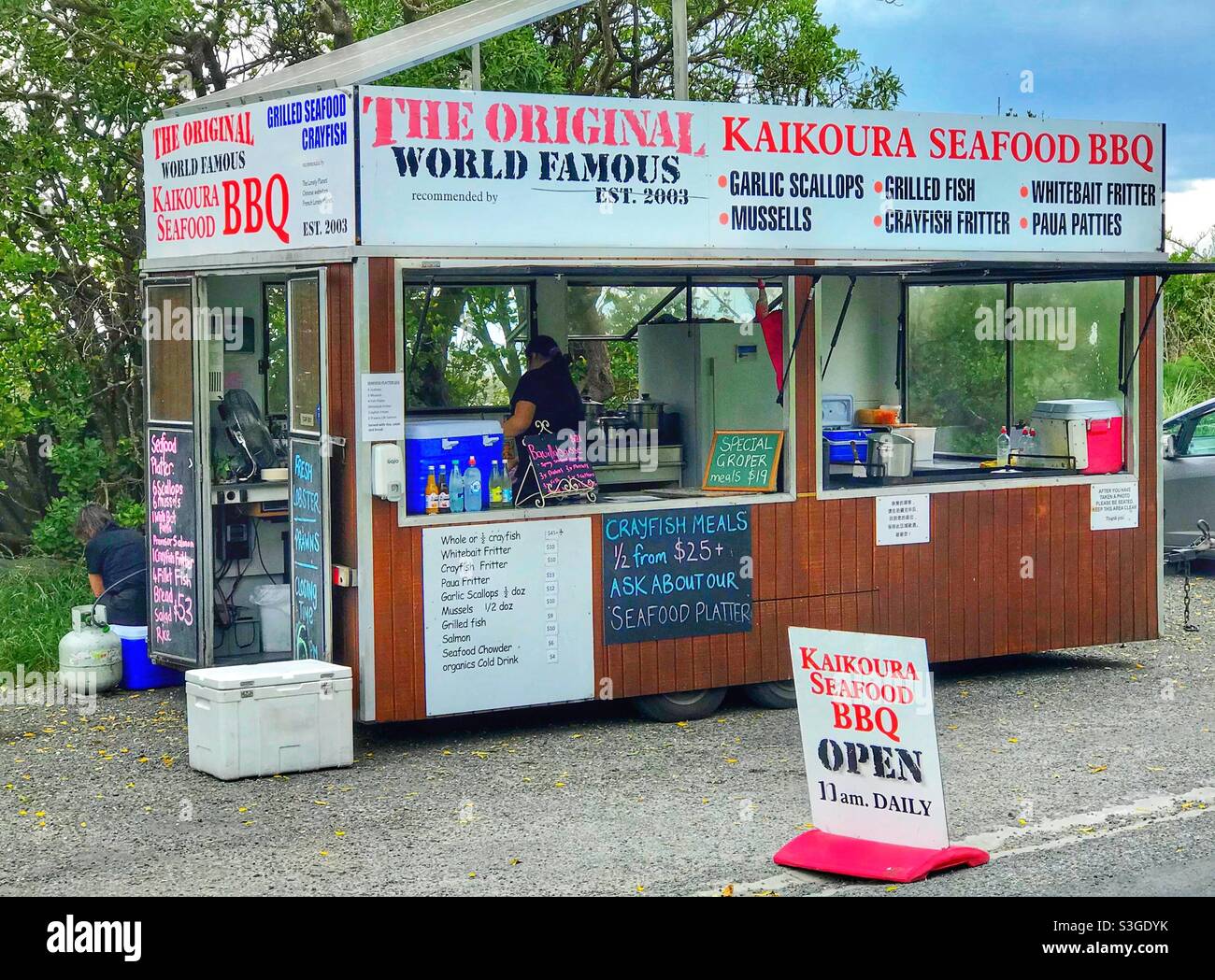 Seafood BBQ Kiosk in Kaikoura on New Zealand’s South Island Stock Photo ...