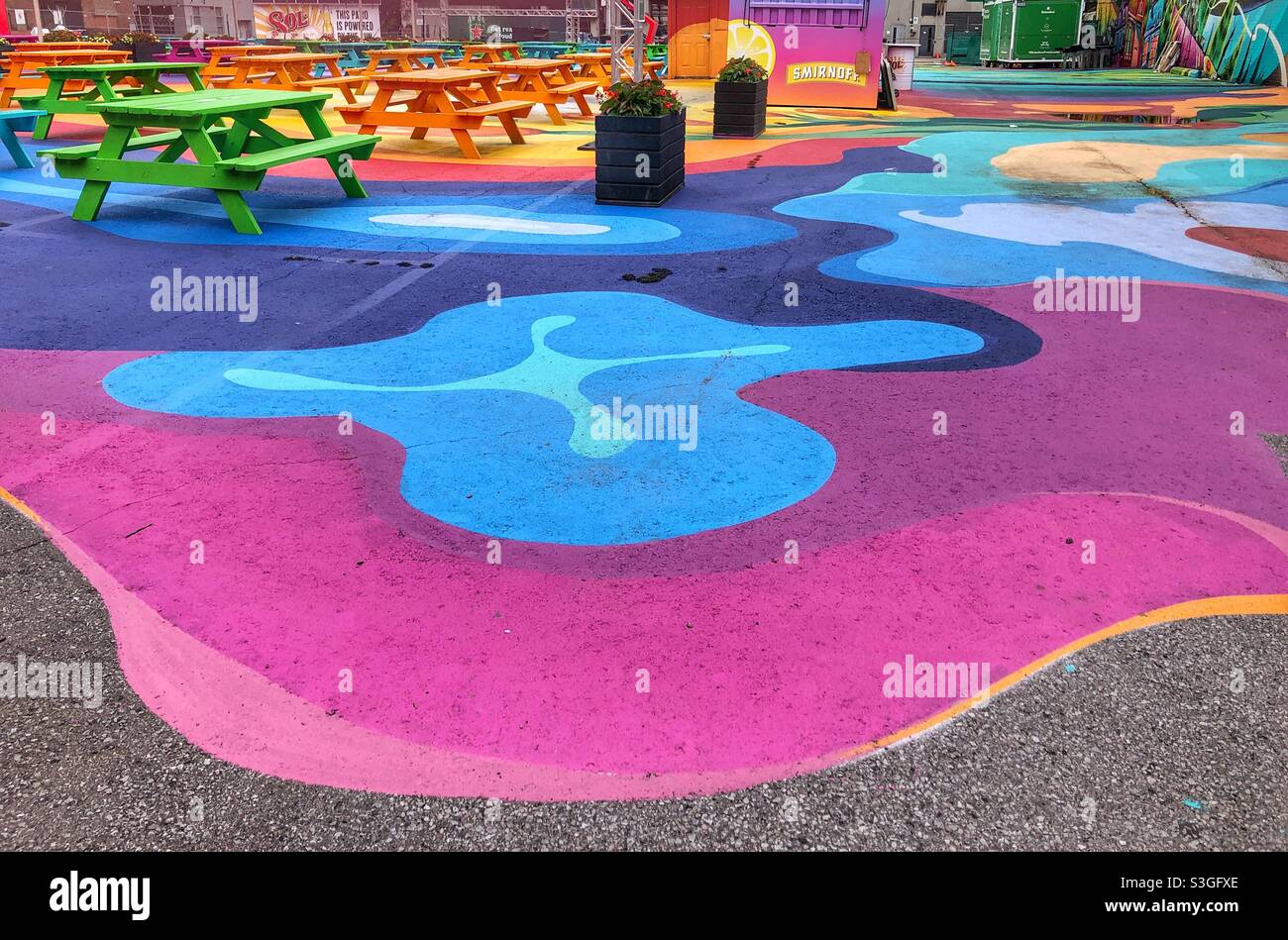Colourful painted ground at an outdoor patio in downtown Toronto ...