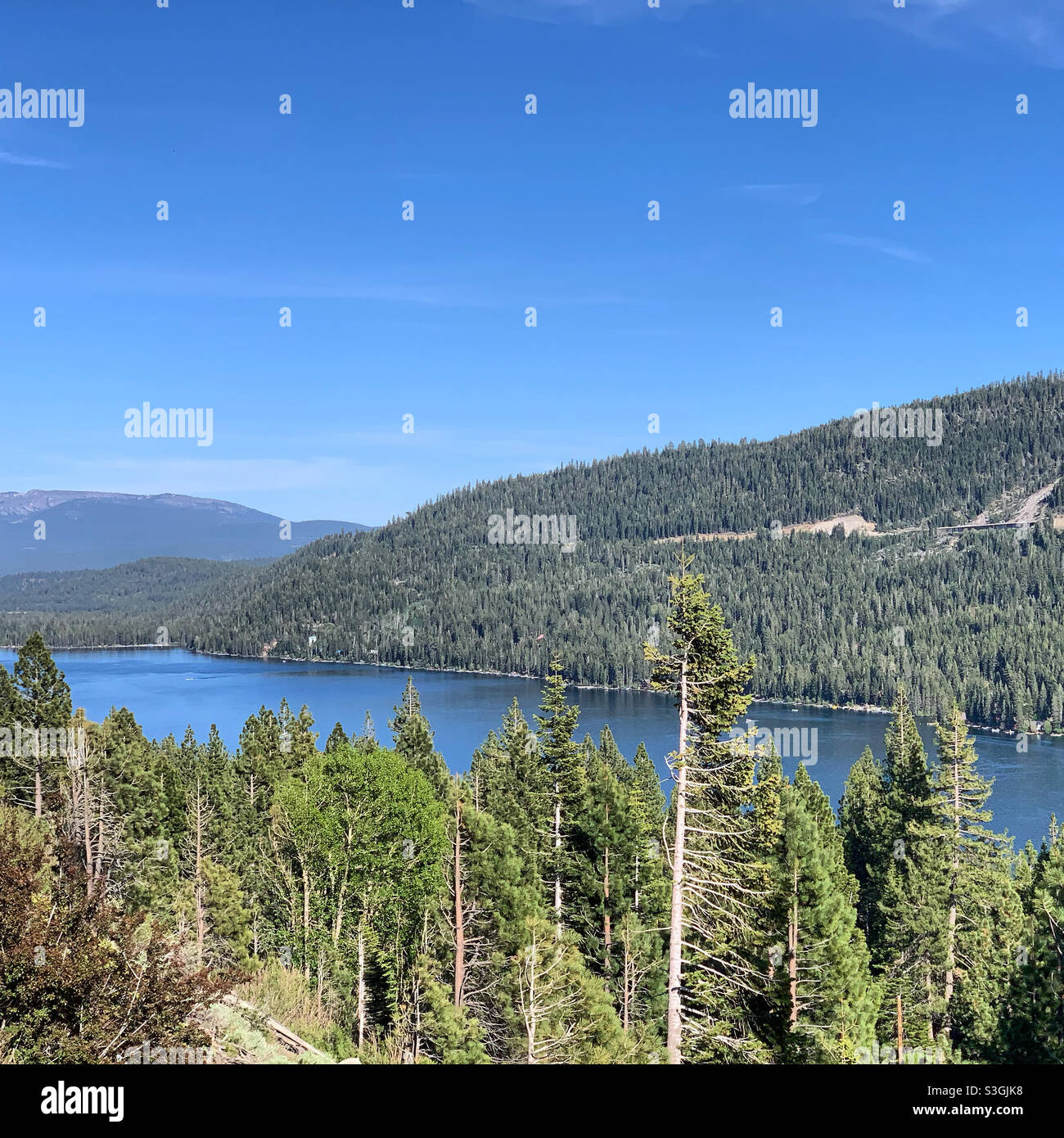 A view of Donner Lake along Interstate-80, Nevada County, Sierra Nevada ...