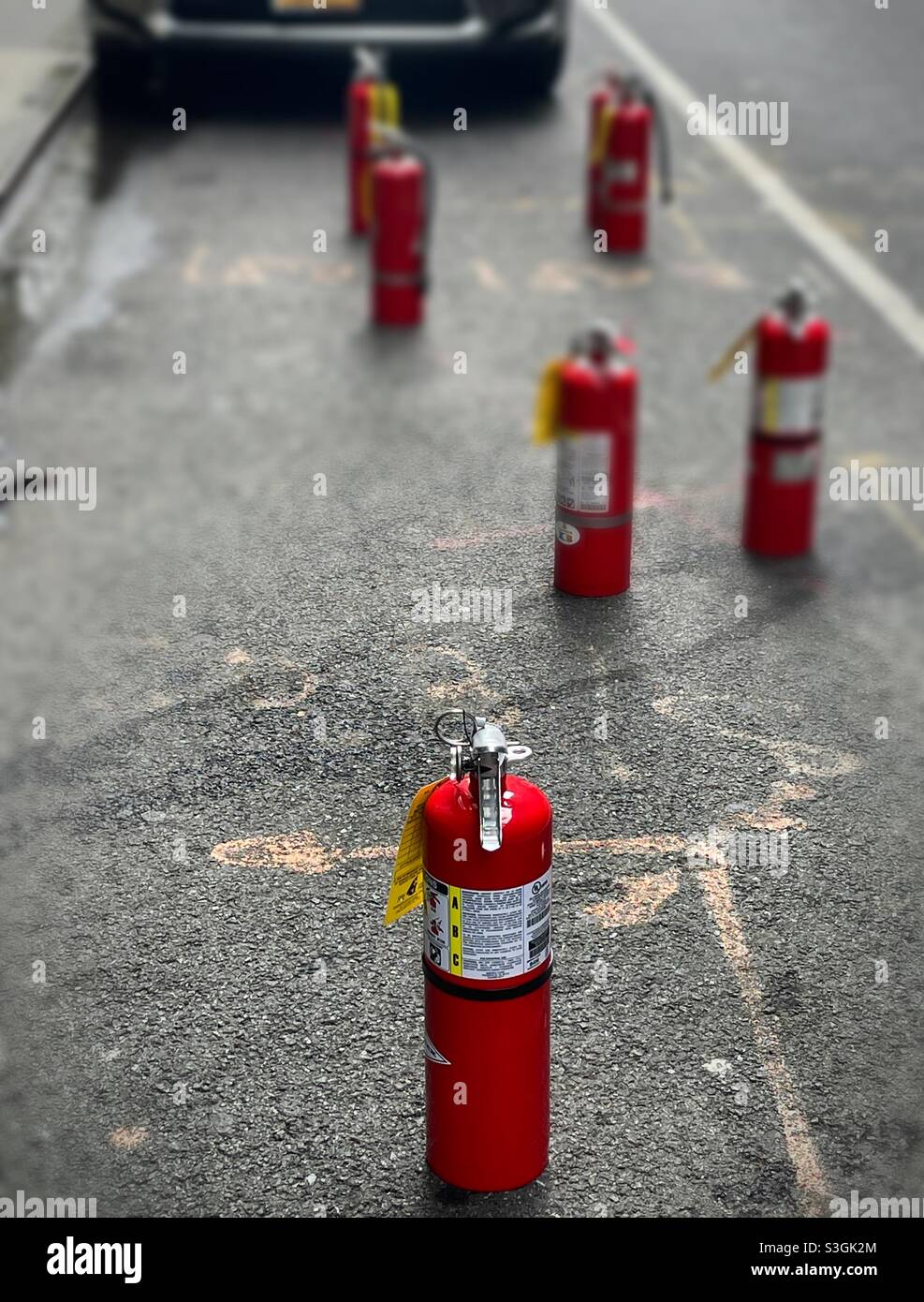 The strange sight of six portable fire extinguishers placed in a ...