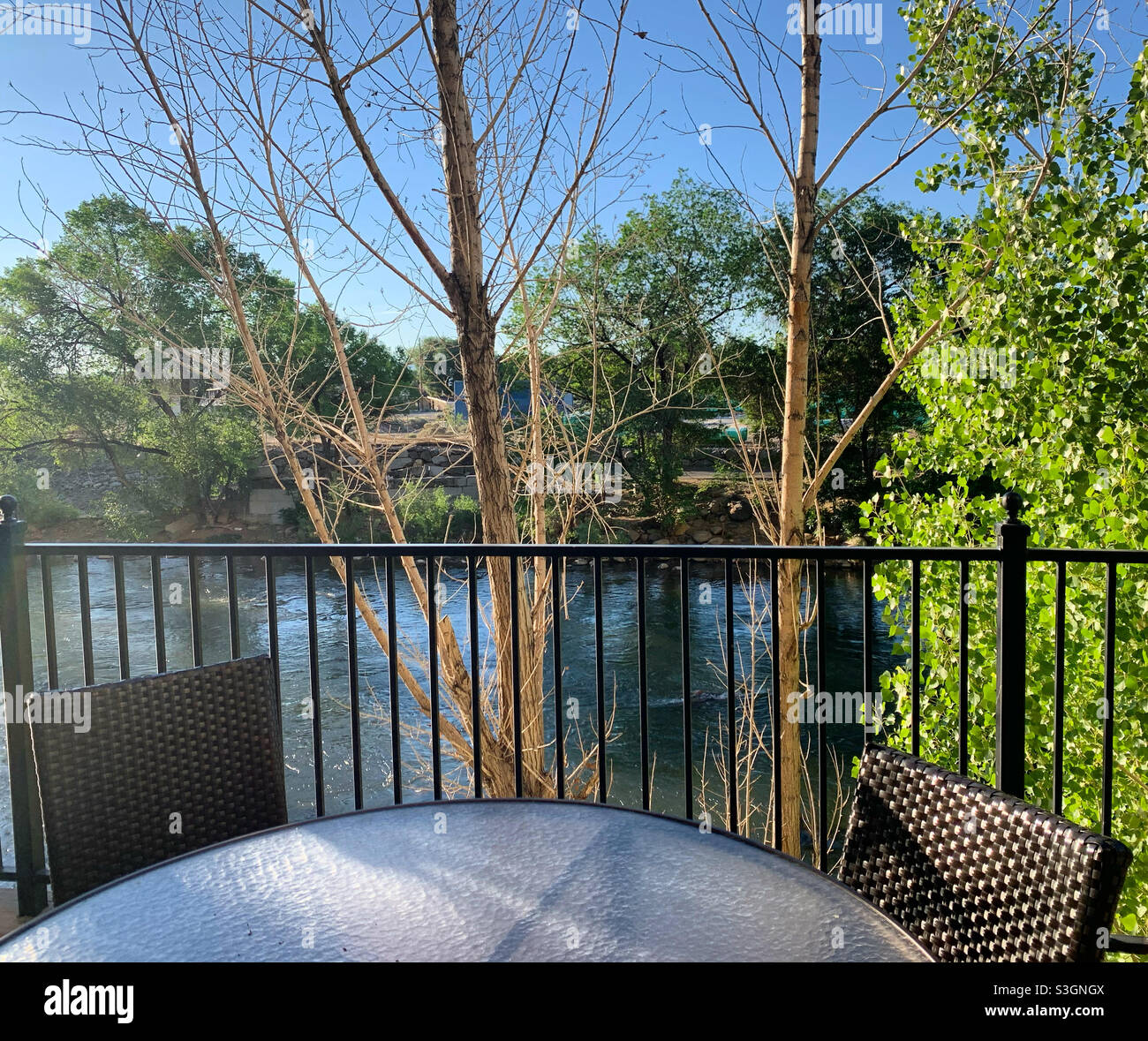 June, 2021, morning on the deck overlooking the Truckee River at the ...