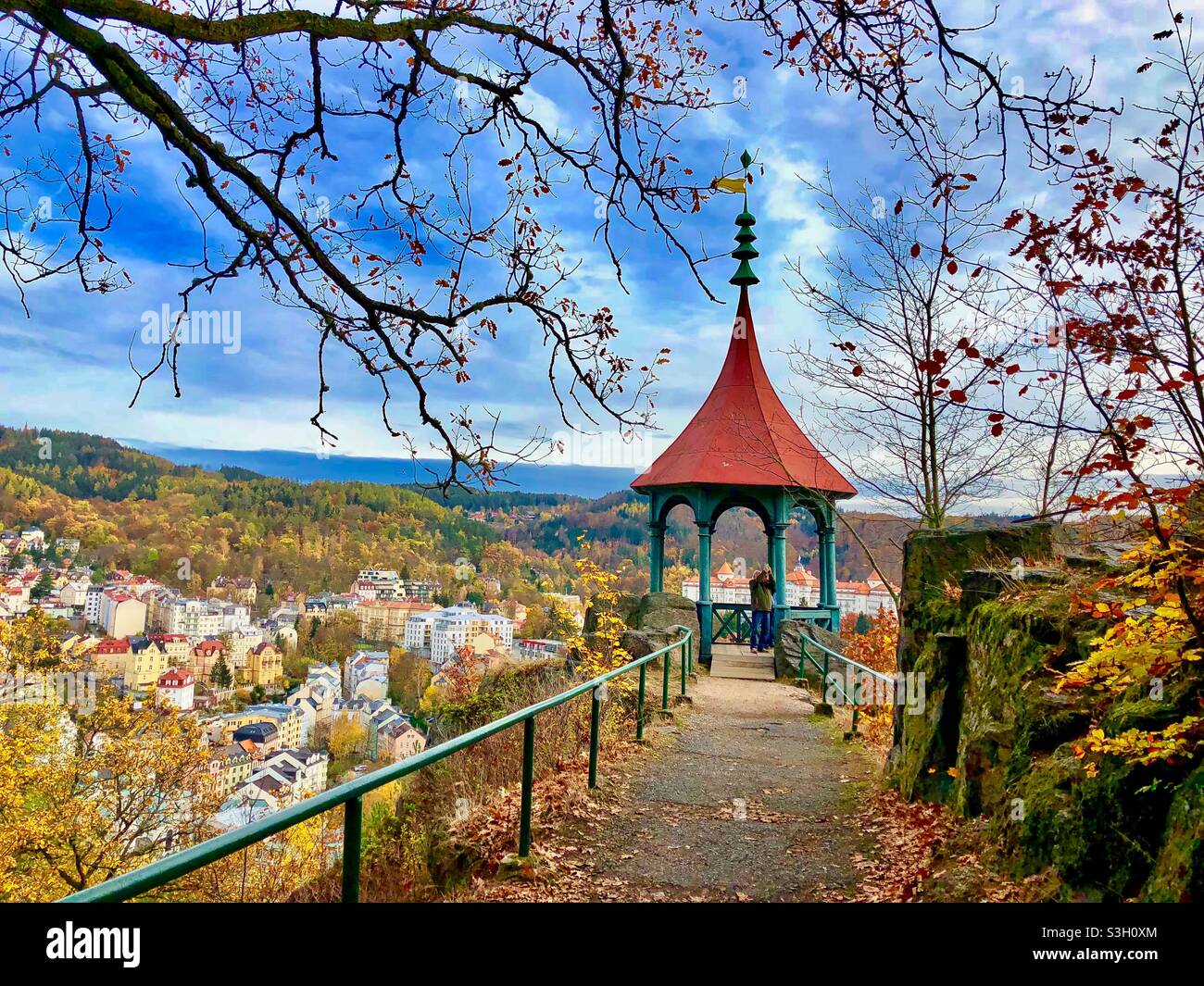 Viewpoint with autumn colored view at Karlovy Vary, Czech Republic ...