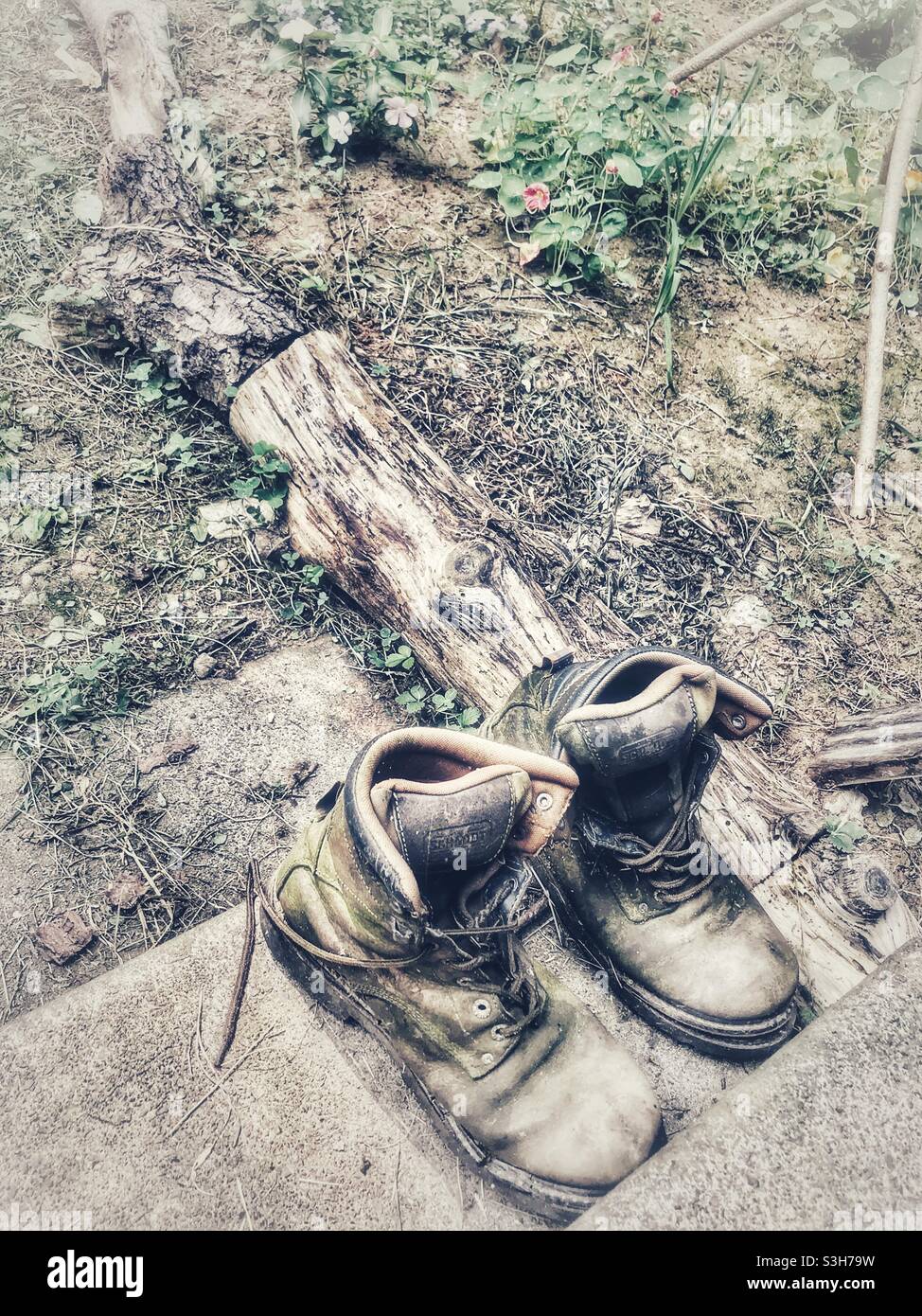 Old boots on the back steps Stock Photo - Alamy