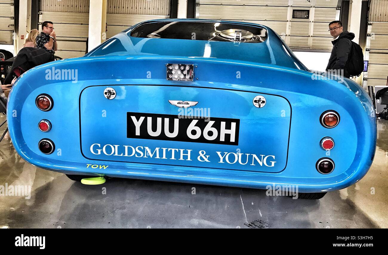 Rear view of of Aston Martin classic race car Stock Photo - Alamy