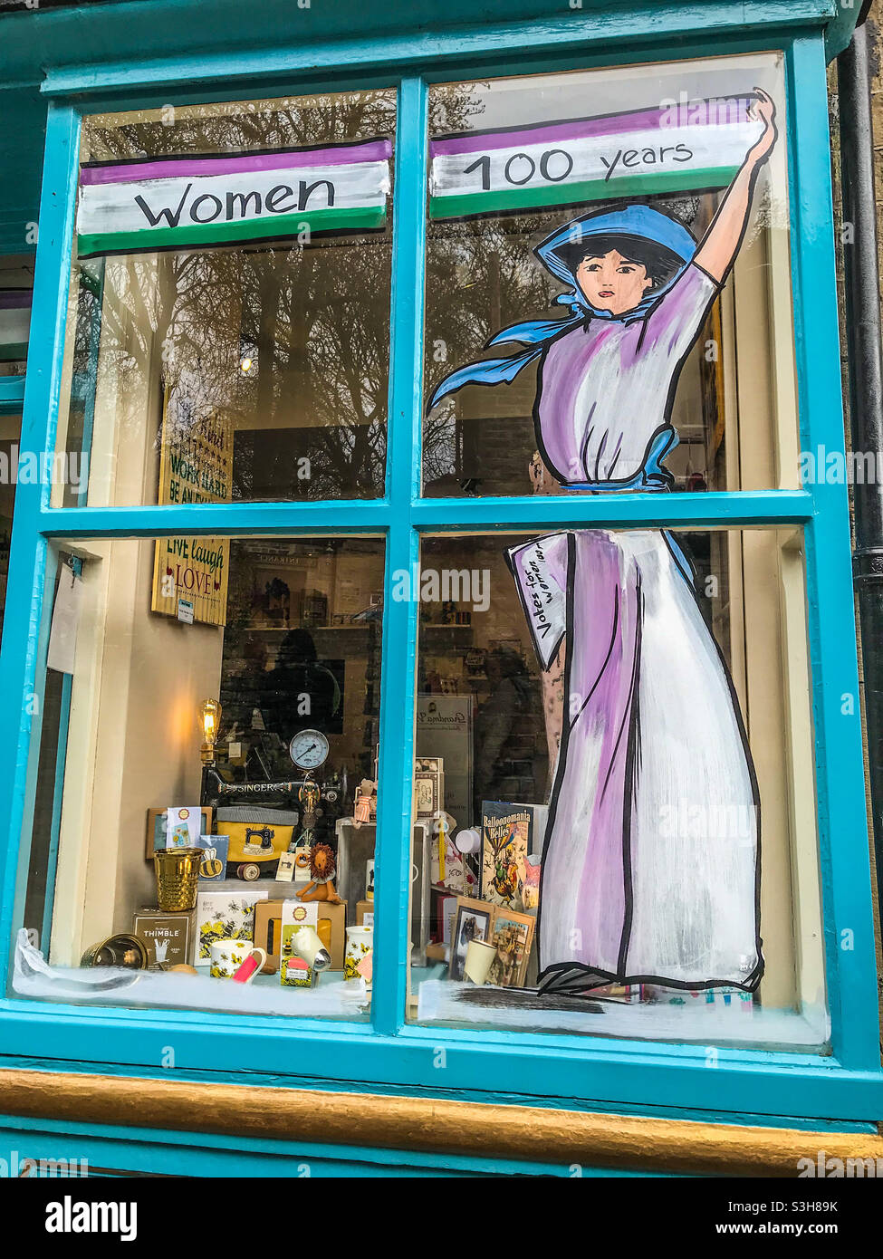 Suffragette shop window, Haworth Stock Photo - Alamy