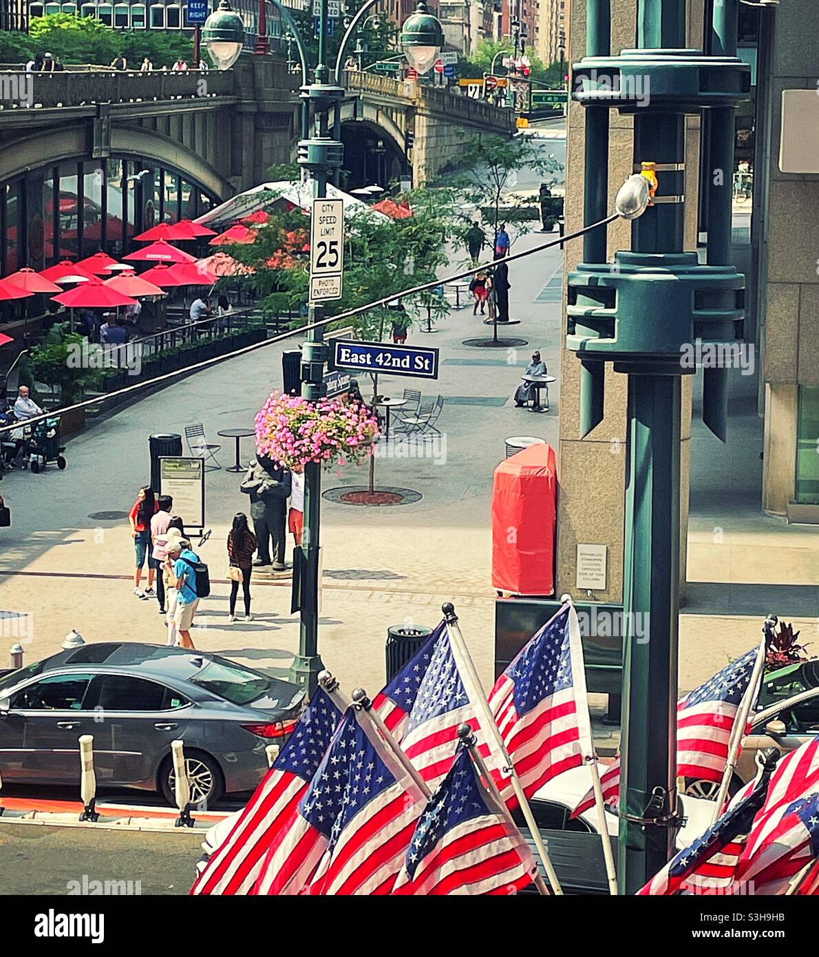 2021 Summer street scene of the umbrellas at the restaurant at Pershing ...