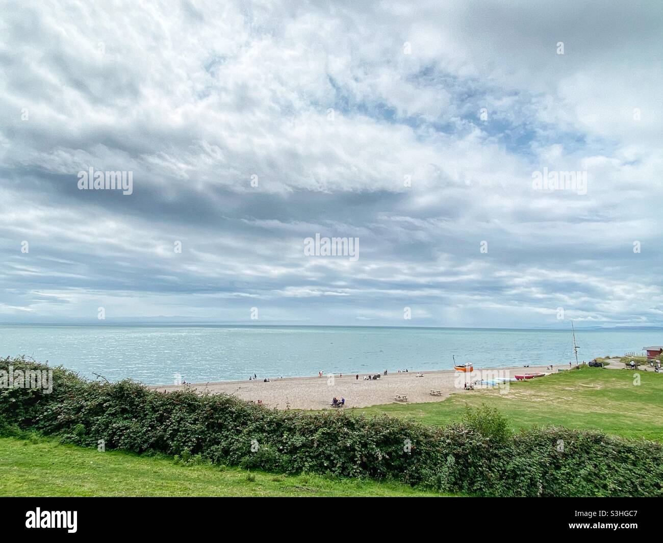 Wide angle shot of branscombe mouth shingle beach in Devon, uk, from ...