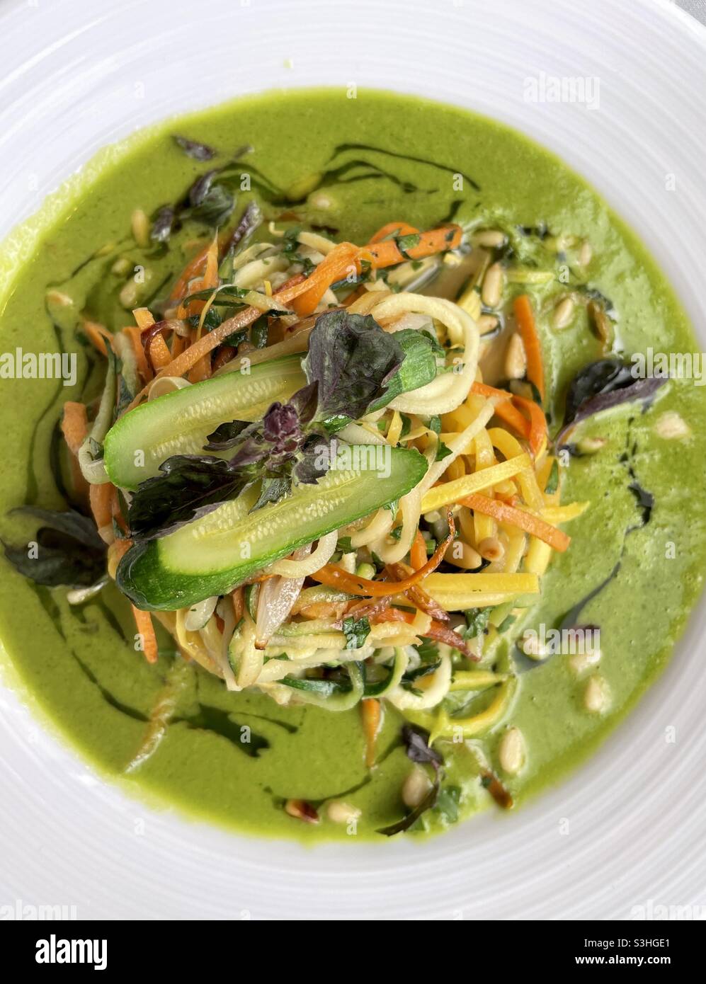 Flat lay ofspaguetinni squash dish at an upscale restaurant in New York ...