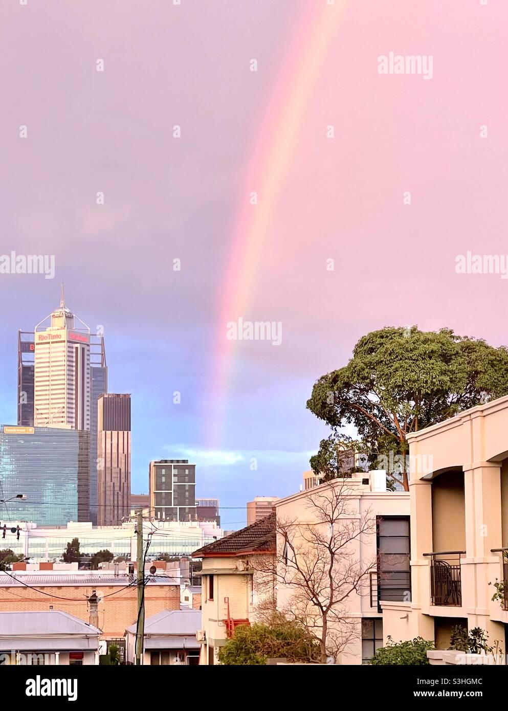 Rainbow over Perth skyline seen from Northbridge Western Australia ...