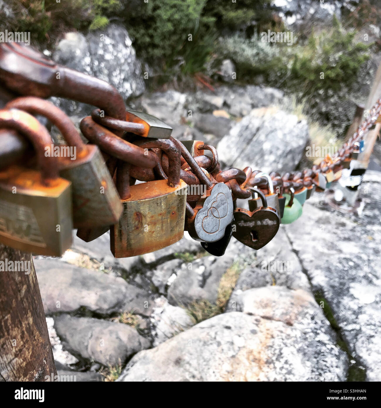 Chain on top of Table Mountain with love locks Stock Photo - Alamy