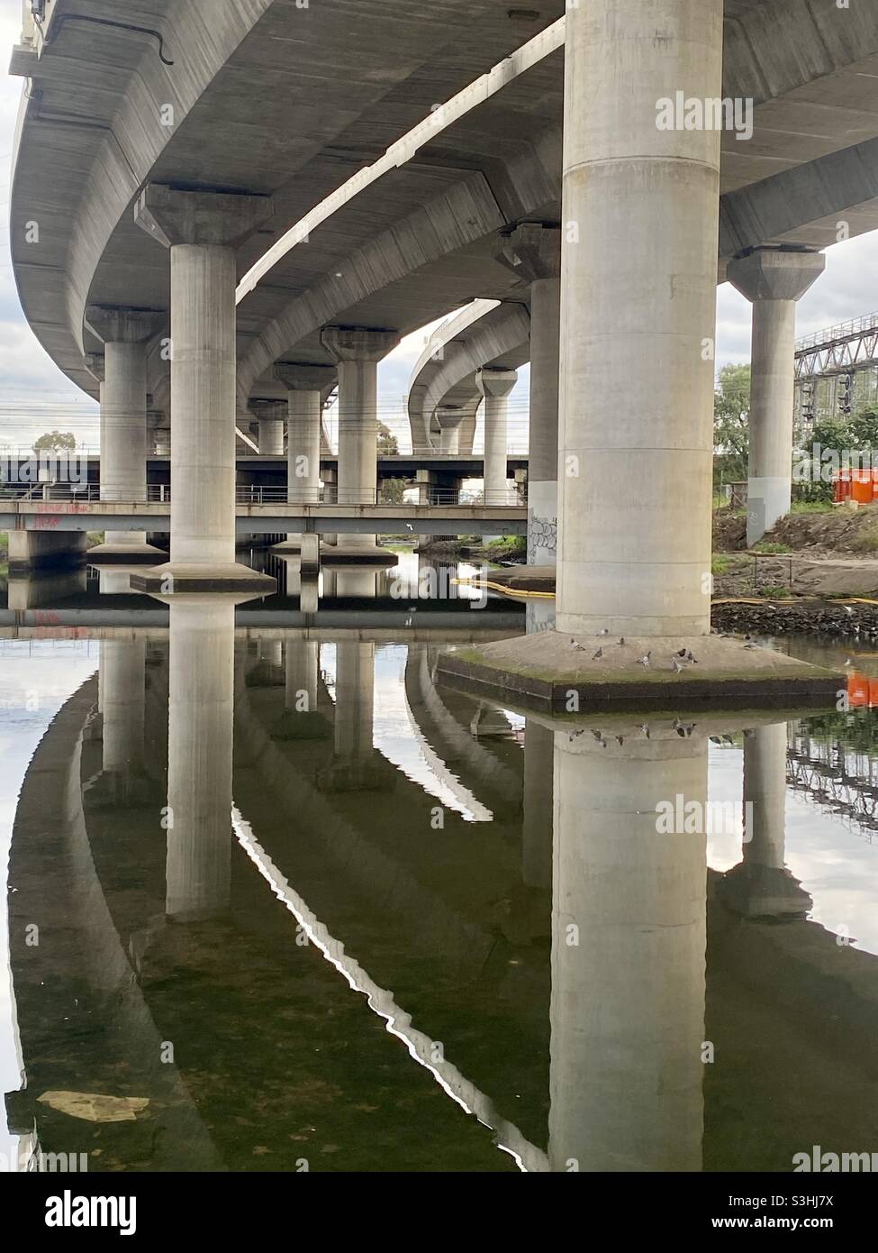 Parallel elevated freeway lanes, supported by concrete pillars, curve ...