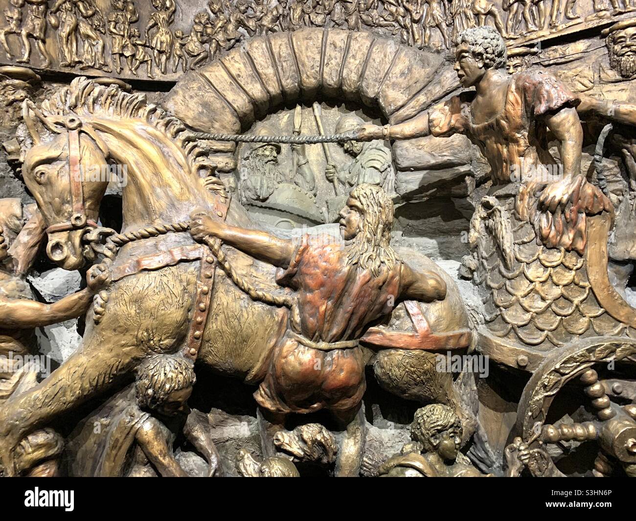 Scene from a mural at Cardiff castle depicting men on horse and chariot ...