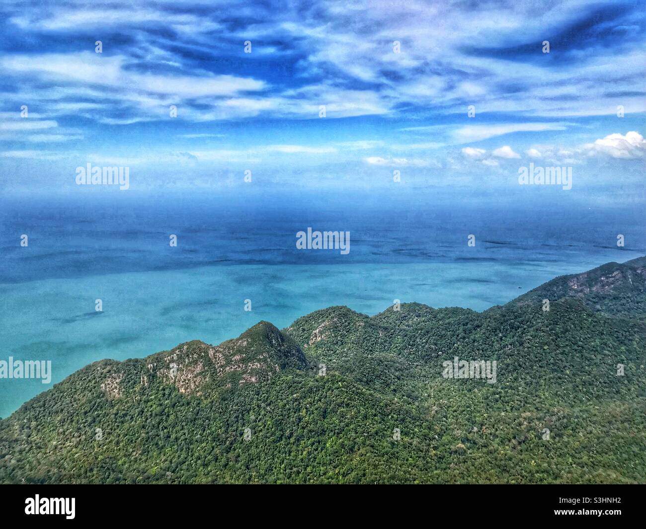 View out over the ocean from the top of Mat Cincang Mountain on the ...