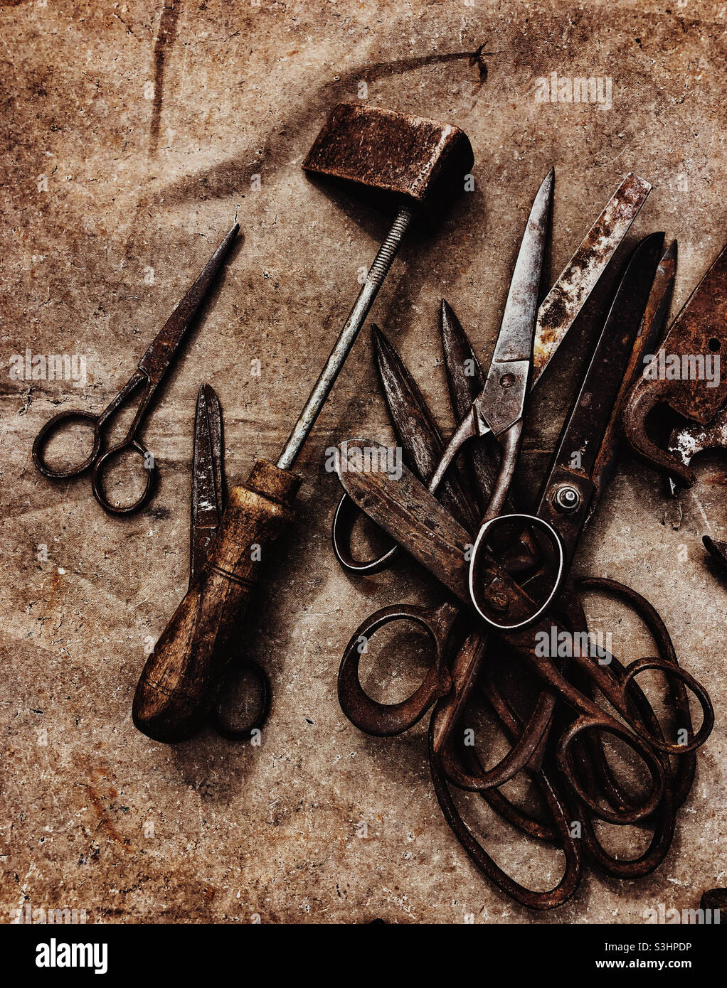 Old rusty scissors and some other DIY tools Stock Photo - Alamy