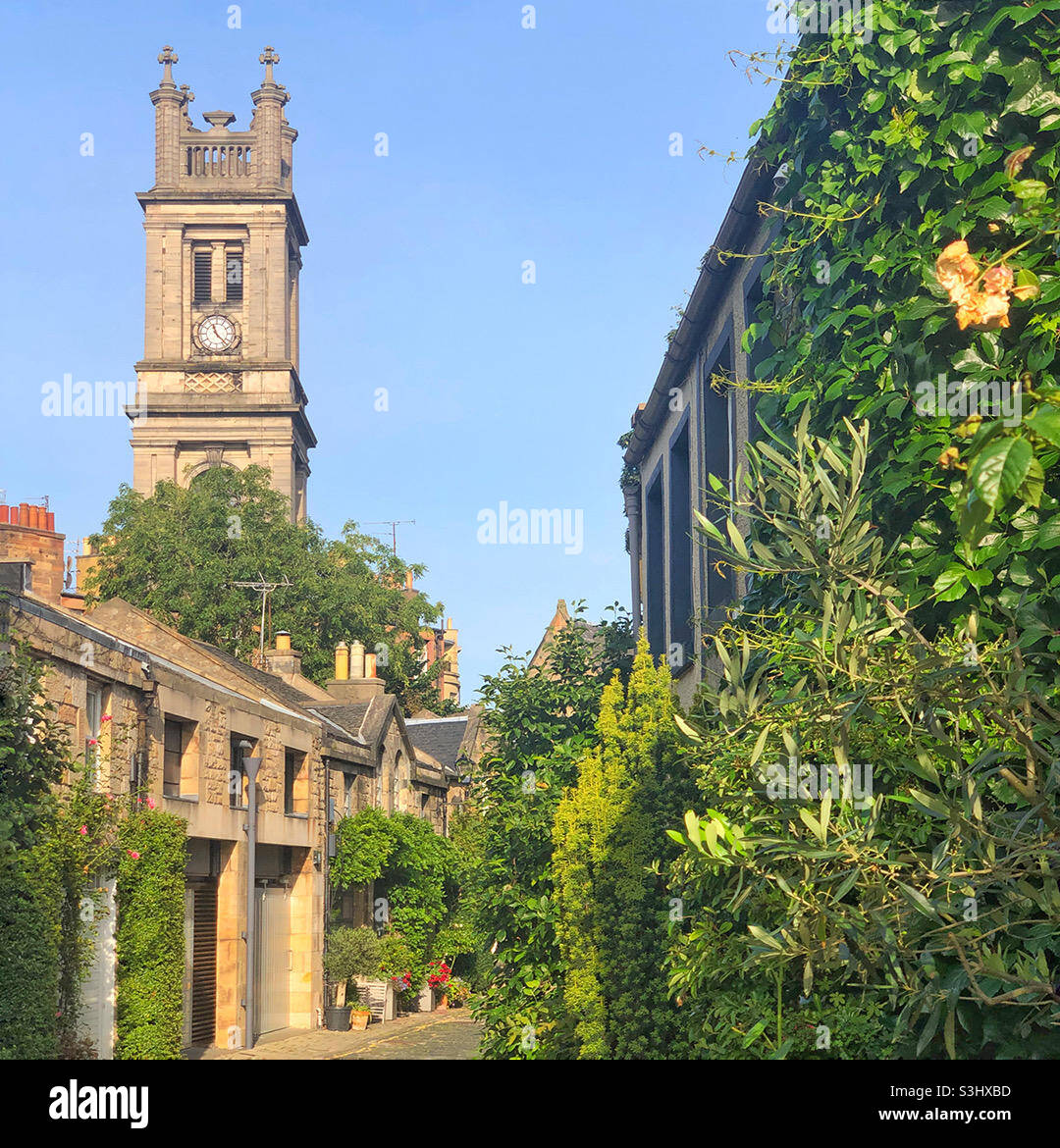 Circus Lane, Stockbridge, Edinburgh, Scotland, with St Stephen’s church ...