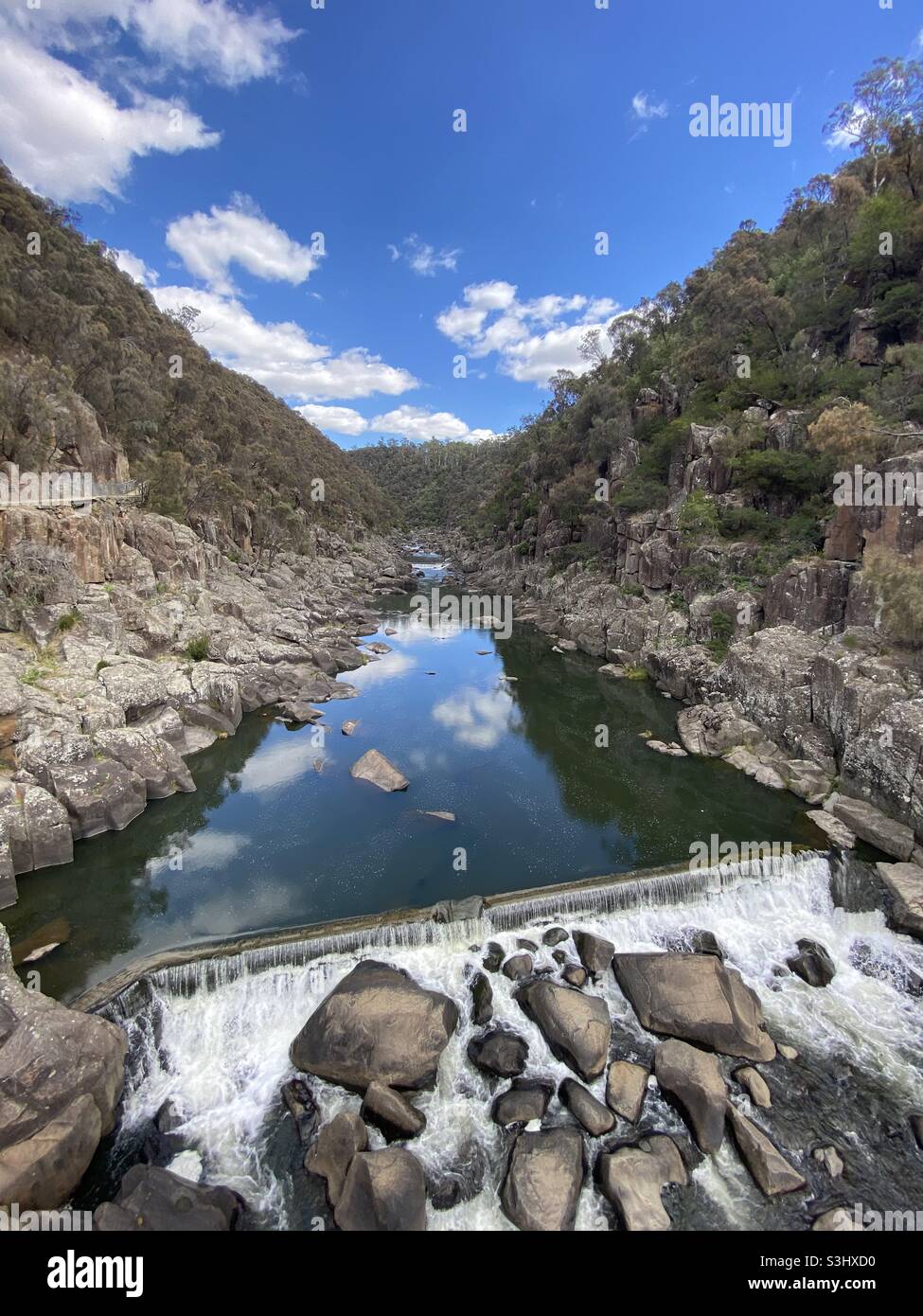 Cataract gorge, Tasmania with water falling over the dam Stock Photo ...