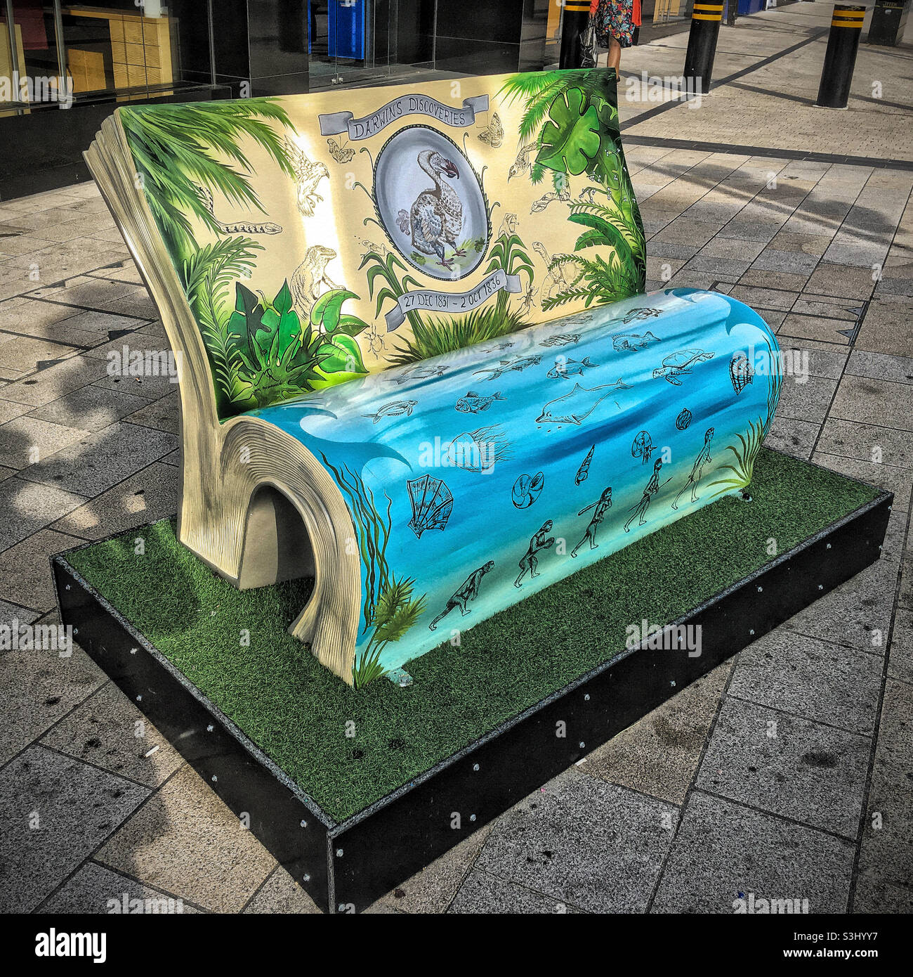 Artwork featuring Charles Darwin, on a bench in Bromley High Street ...