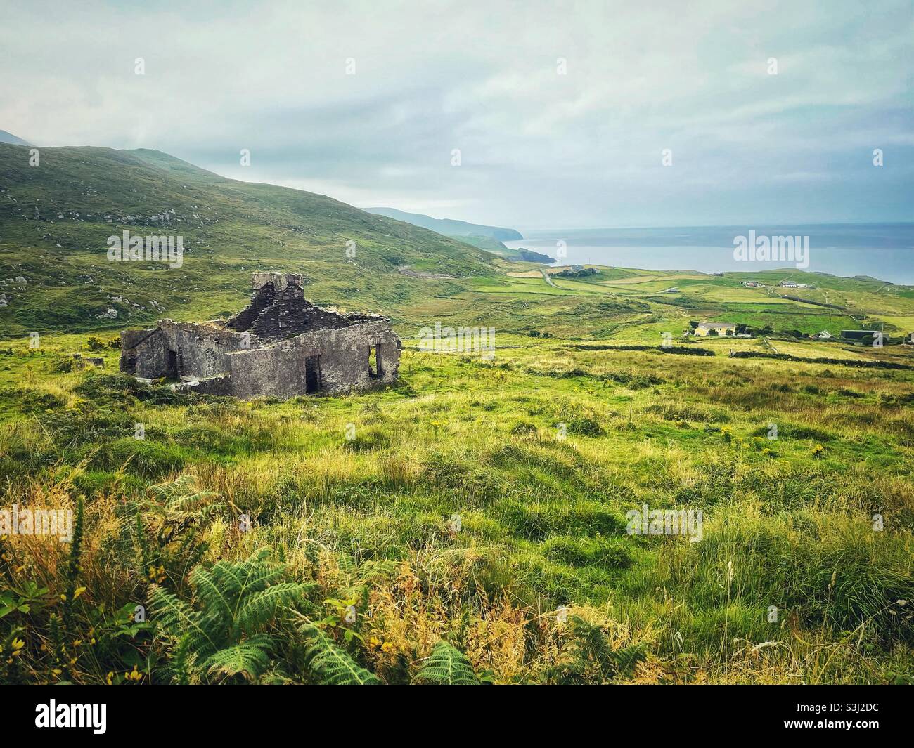 Abandoned old stone cottage overlooking the sea on the coast of County ...