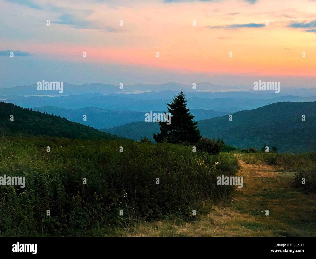 A trail winds up the steep grasslands above Grayson highlands state ...