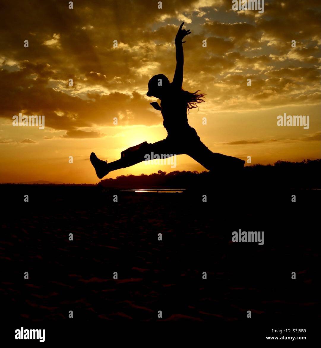 Jumping over the African sun, Selous National Park, Tanzania Stock ...