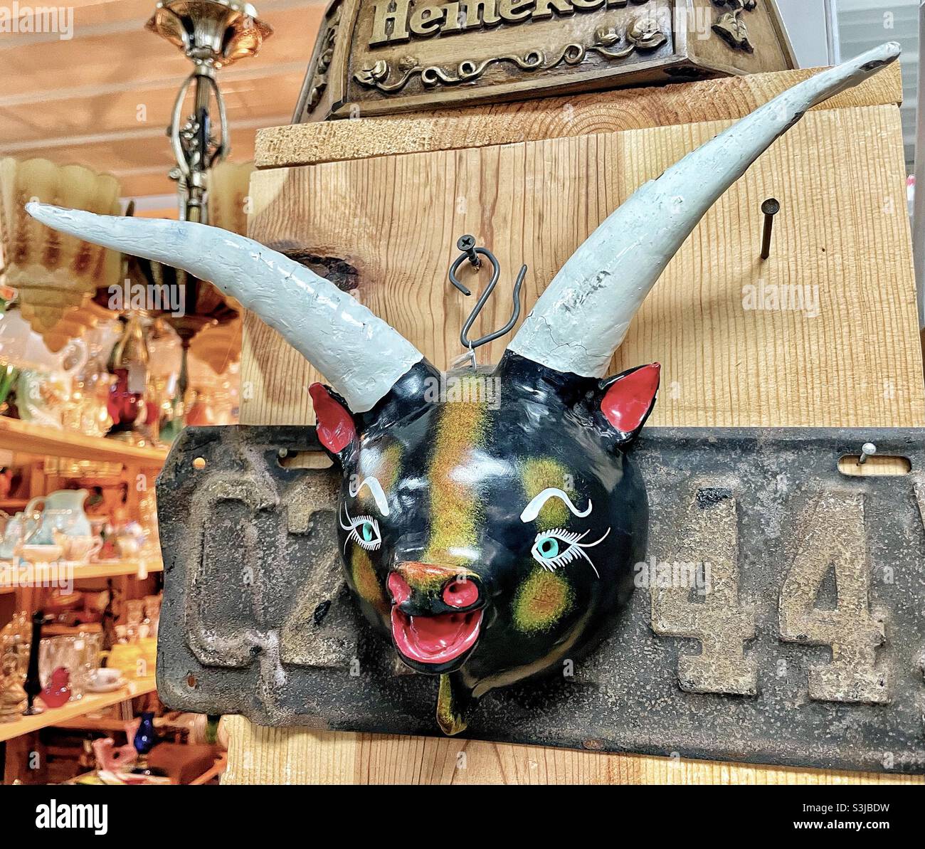 Creepy looking bull art wall mount in antique store on rusty license ...