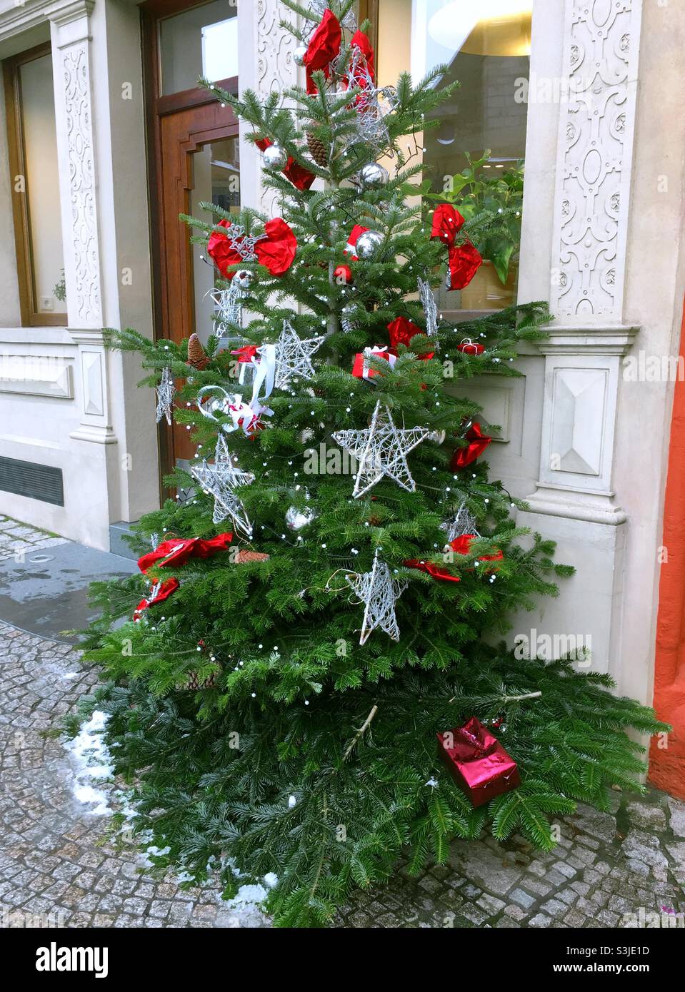 Decorated outdoor Christmas tree Stock Photo - Alamy
