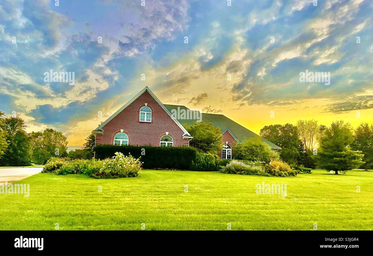 House and gardens at sunrise Stock Photo - Alamy