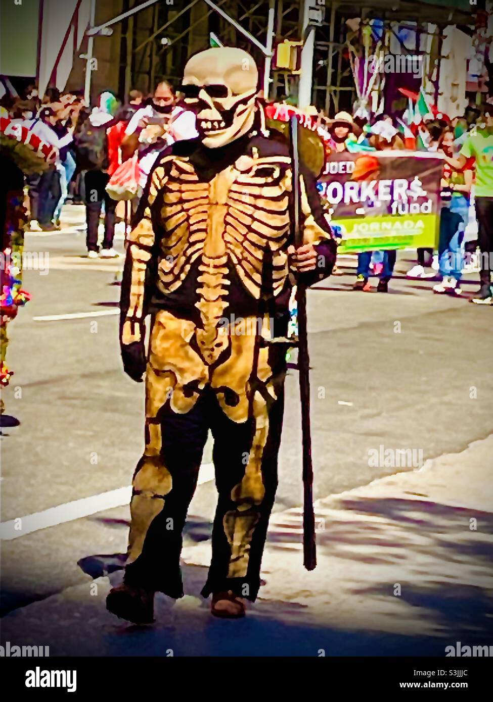 Skeleton costume at annual Mexican day parade in New York City Stock ...