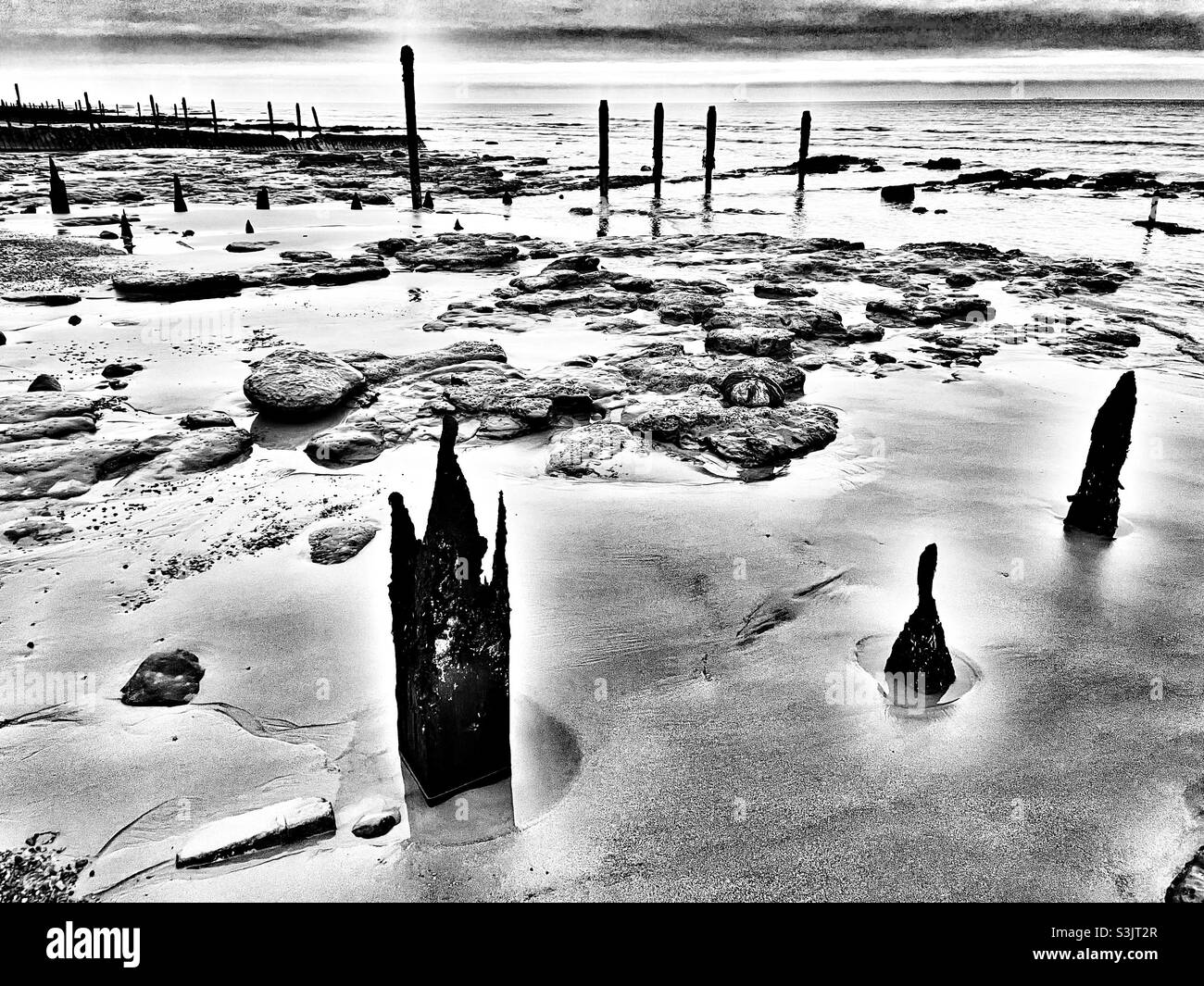 Eroded wooden groynes hi-res stock photography and images - Alamy
