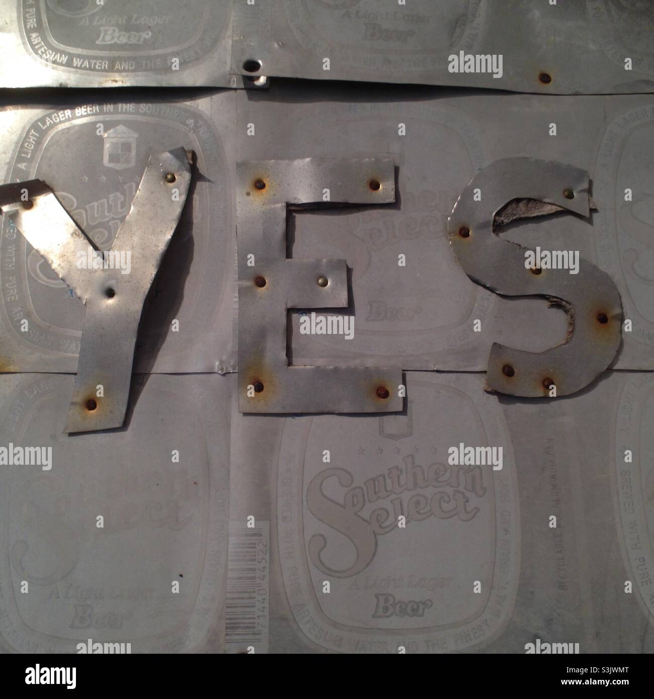 Aluminum Sign “YES” at Houston’s Beer Can House art environment Stock ...
