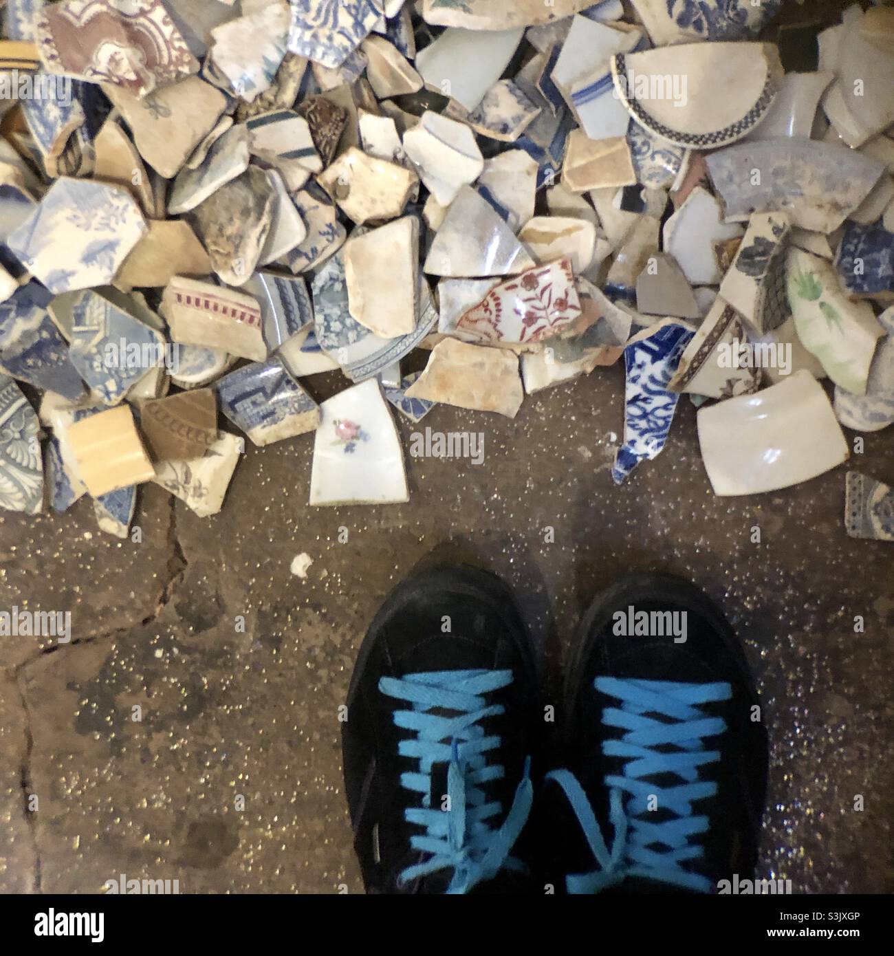Looking down at display of pottery shards and finds from Mudlarking ...