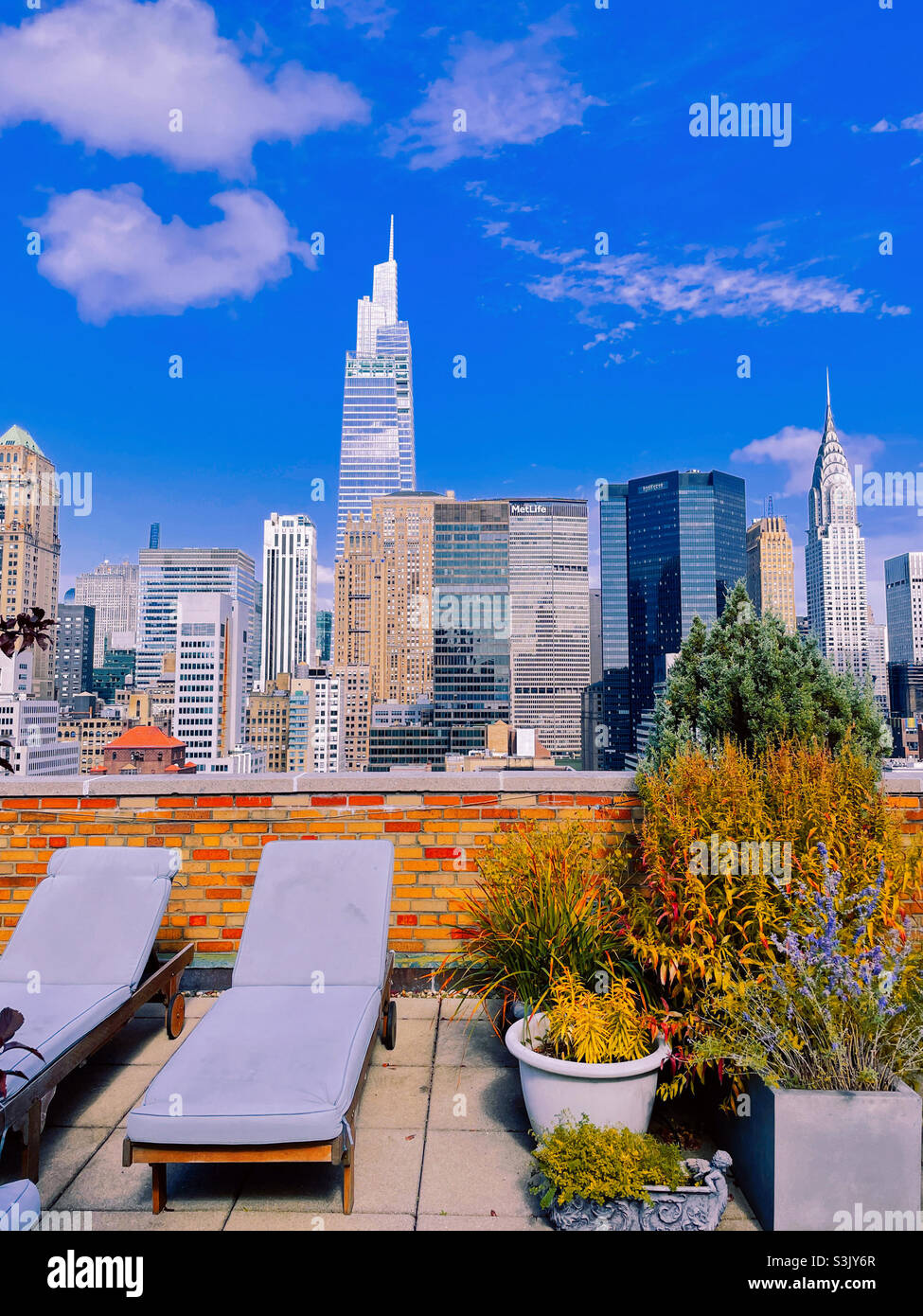 Midtown Manhattan skyline as seen from a roof Garden in the Murray Hill ...